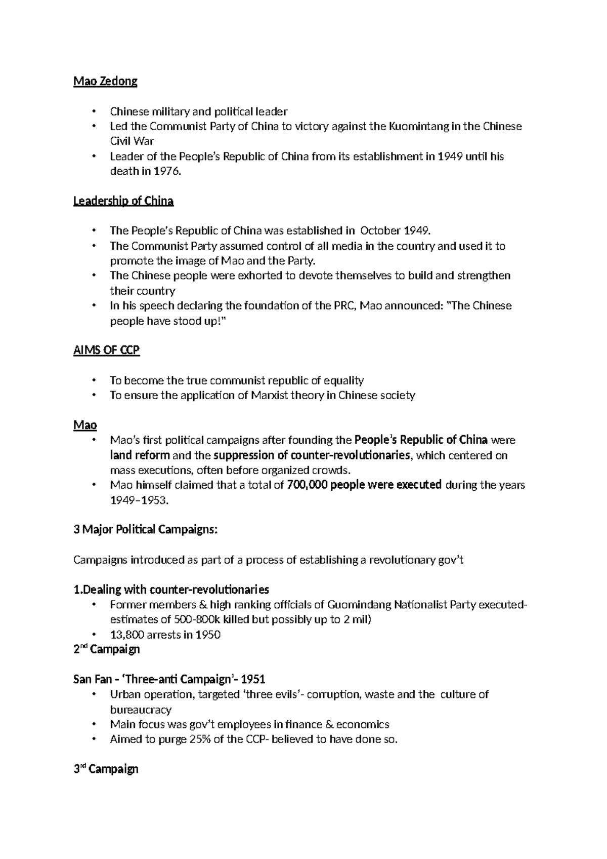 China survey notes - syllabus points - Mao Zedong - Chinese military ...