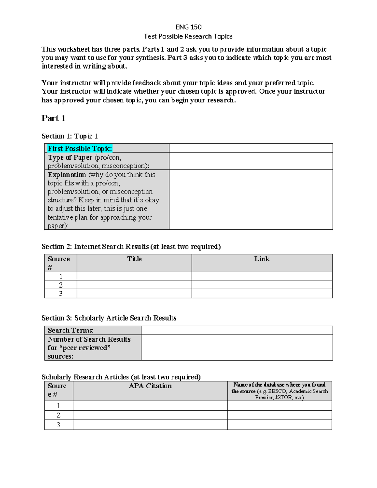 W08 Assignment Test Possible Research Topics and Final Topic Selection ...