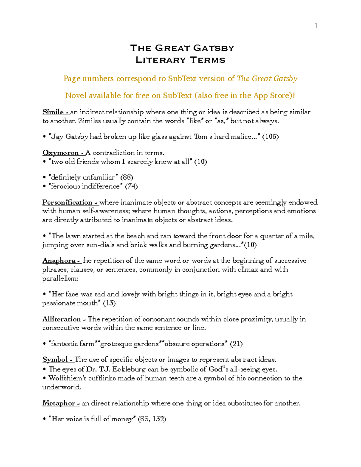 The Great Gatsby Literary terms - 1 The Great Gatsby Literary Terms ...