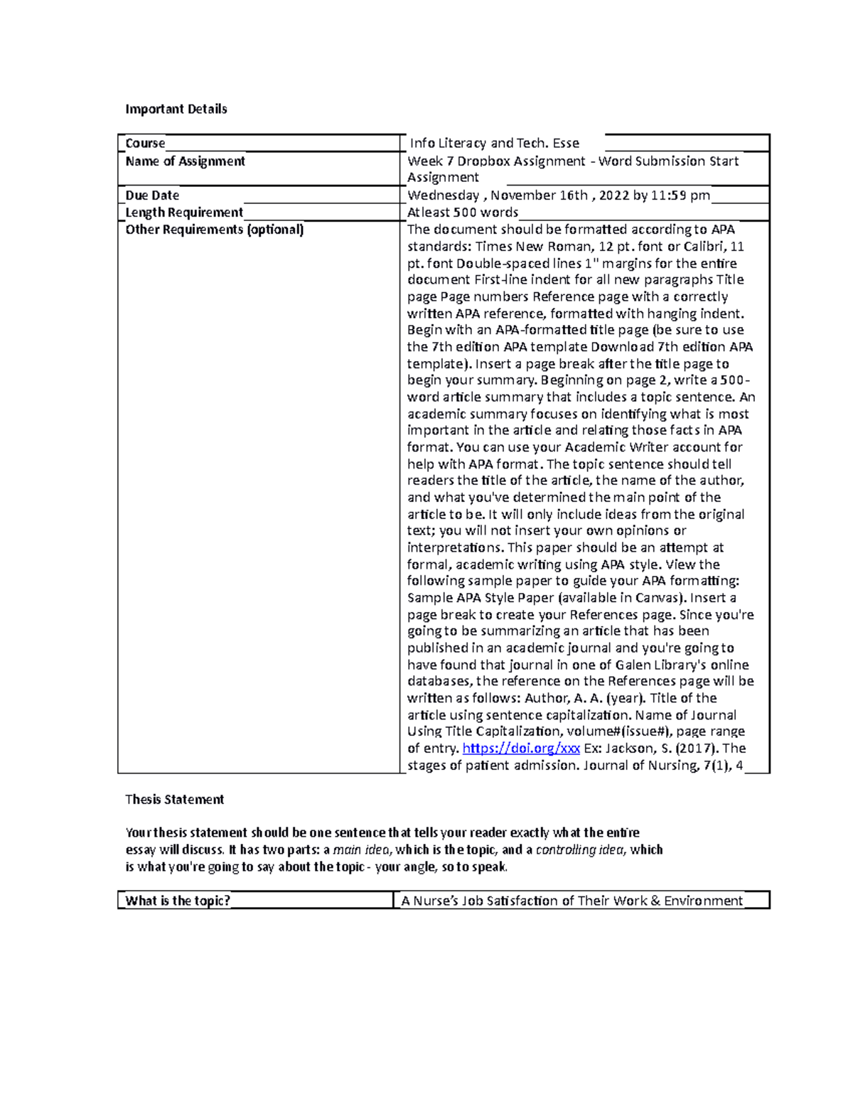 Essay Plan - document is attached. - Important Details Course Info ...