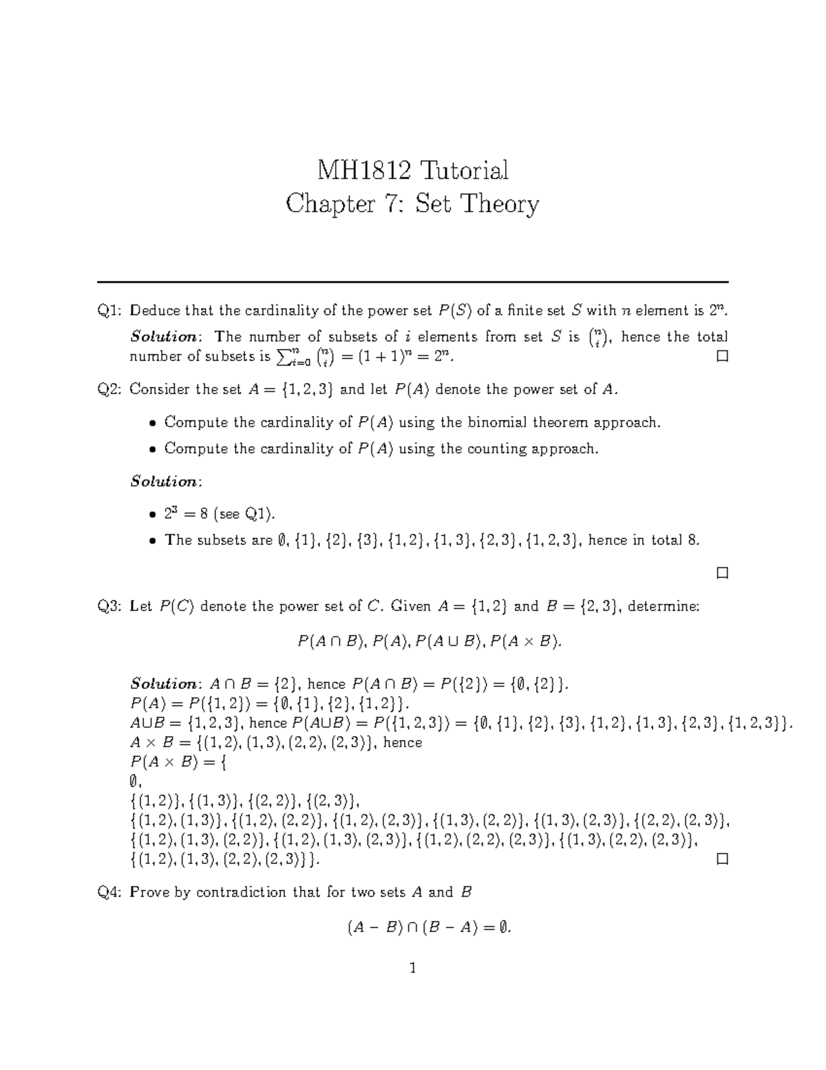 Chapter 7-Homework-Solution - MH1812 Tutorial Chapter 7: Set Theory Q1: Deduce that the ...