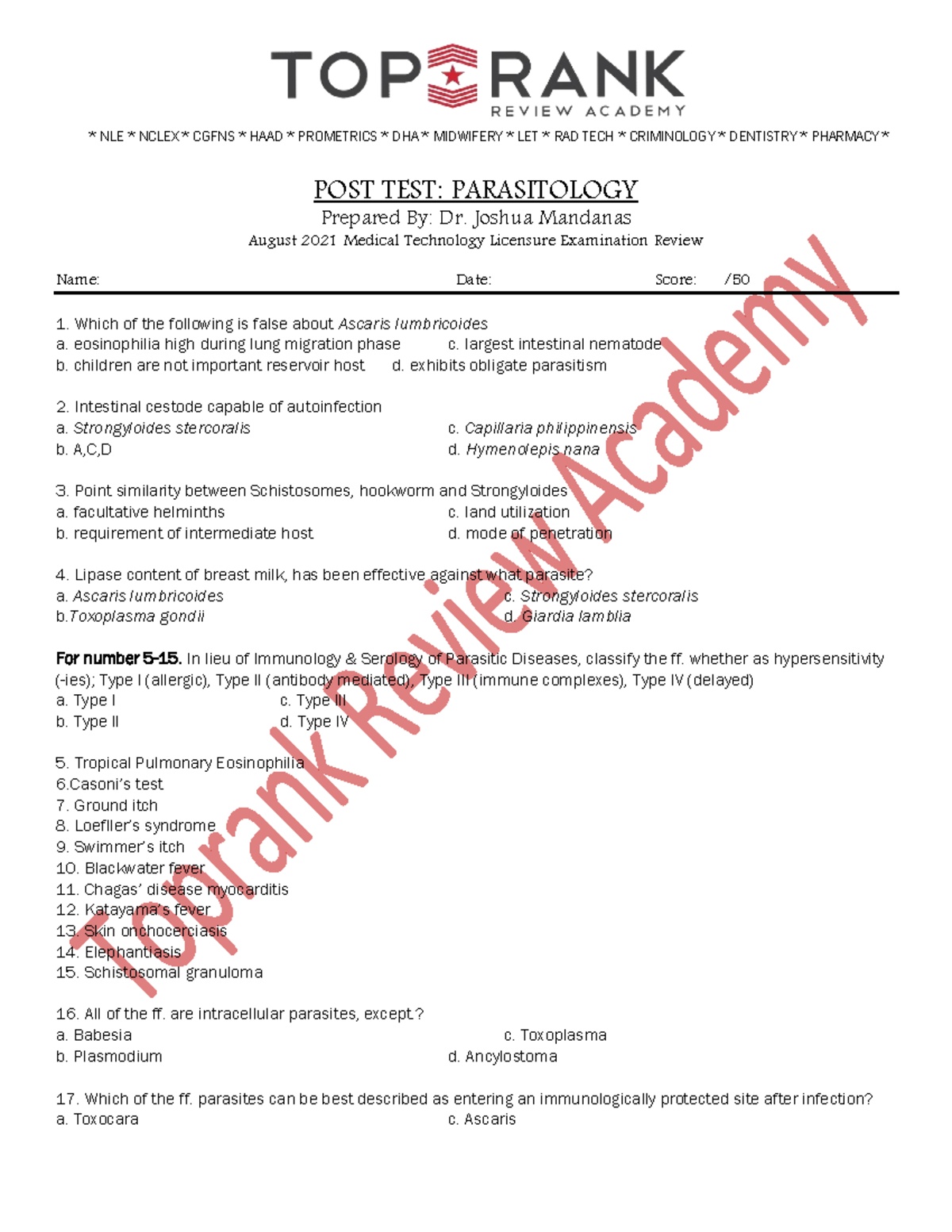 ST- Paras-PT Reviewer for year 2021-2022 examination - * NLE * NCLEX ...