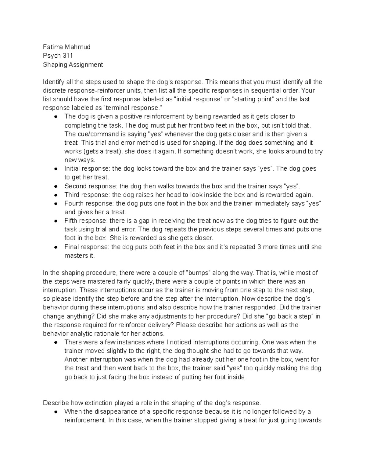 Psychology 311 Shaping Assignment - Fatima Mahmud Psych 311 Shaping ...