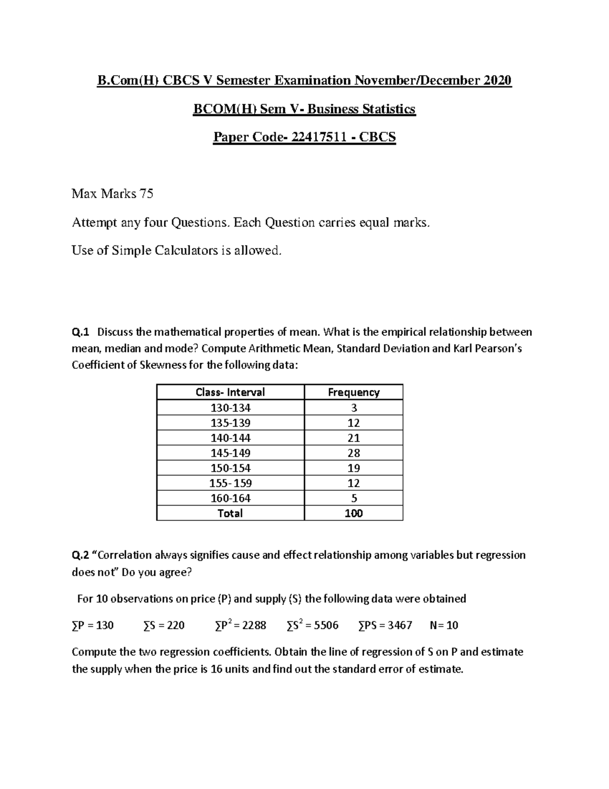 Business Statistics Sem 5 Paper - B(H) CBCS V Semester Examination ...