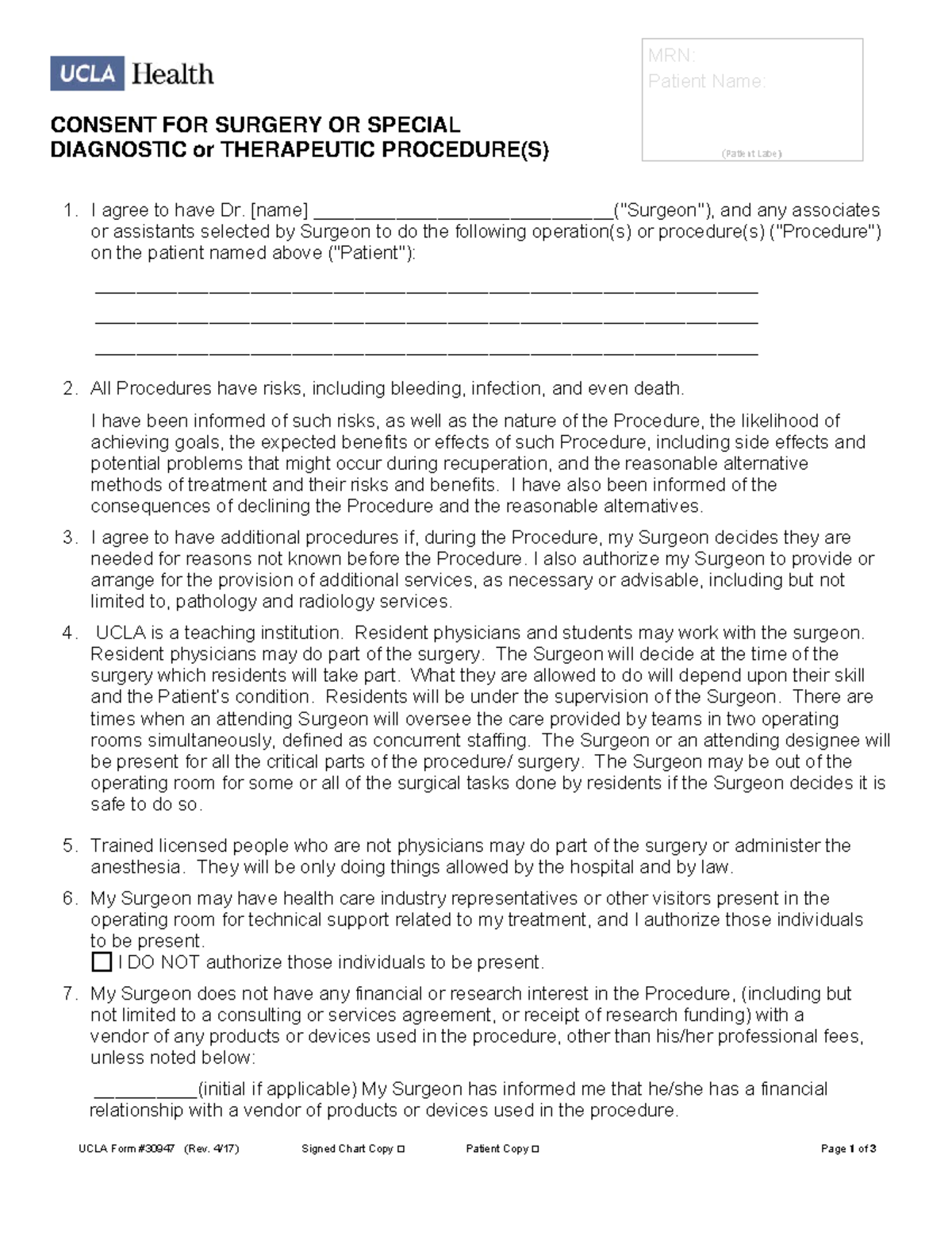 Consent to conduct surgery - CONSENT FOR SURGERY OR SPECIAL DIAGNOSTIC ...