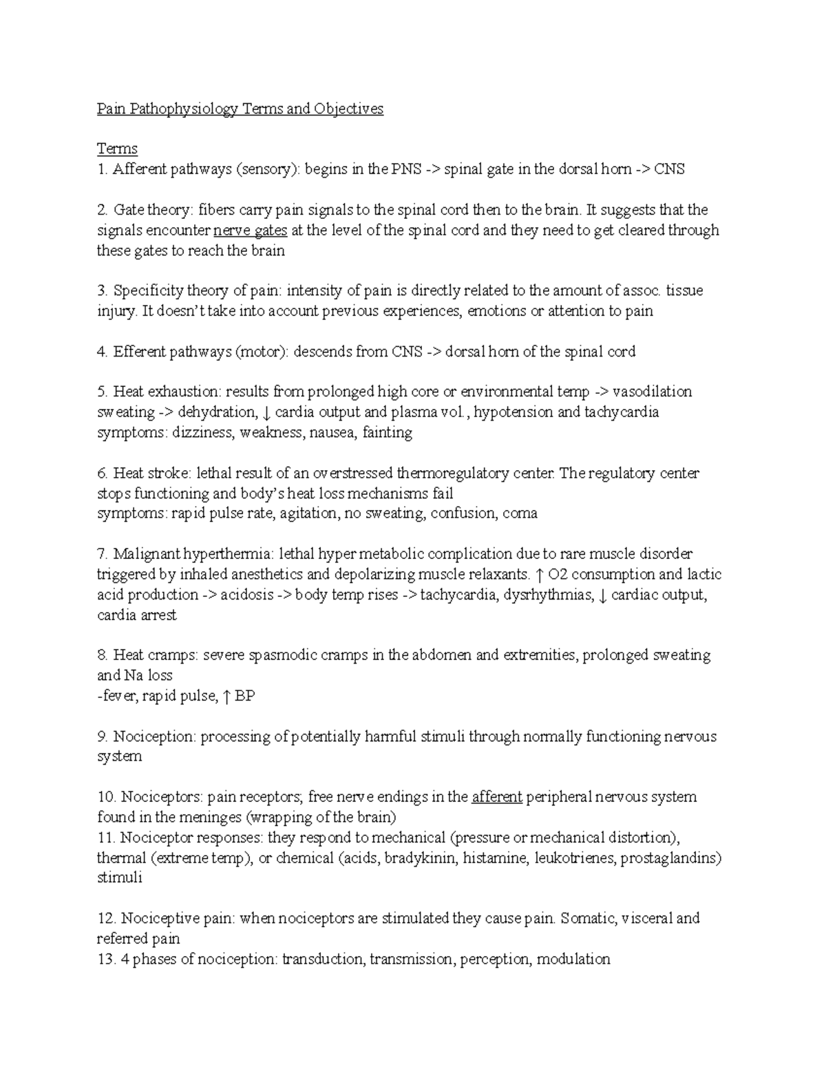 Pain Pathophysiology Terms and Objectives - Afferent pathways (sensory ...