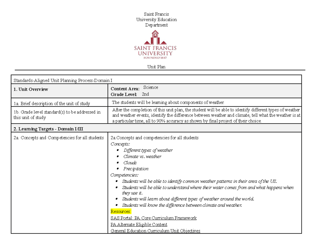 Unit Plan - Lesson Plan - Saint Francis University Education Department ...