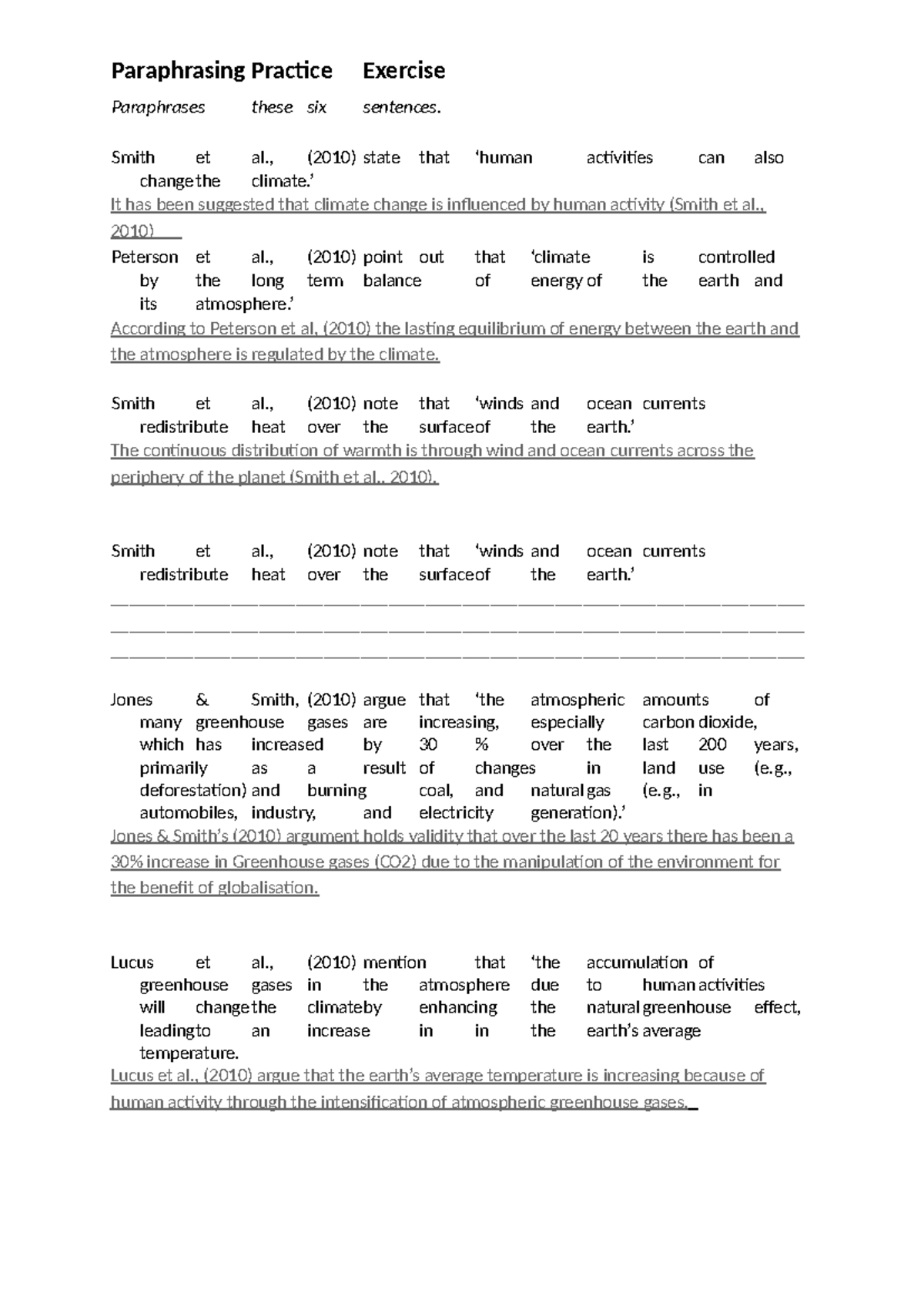 Week 3 (Paraphrasing) - Paraphrasing Practice Exercise Paraphrases these six sentences. Smith et ...