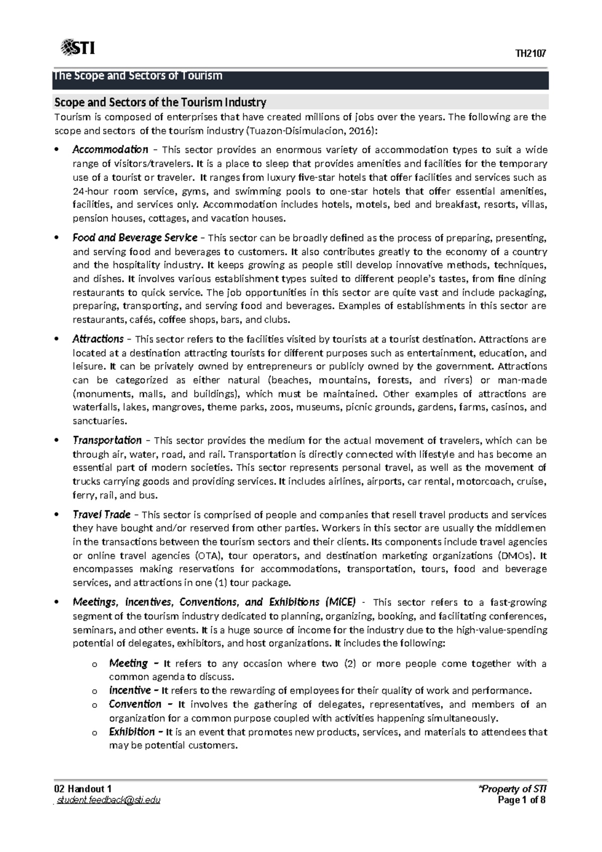 02 Handout 1(2)(2) - ,... - Scope and Sectors of the Tourism Industry 02 Handout 1 *Property of ...