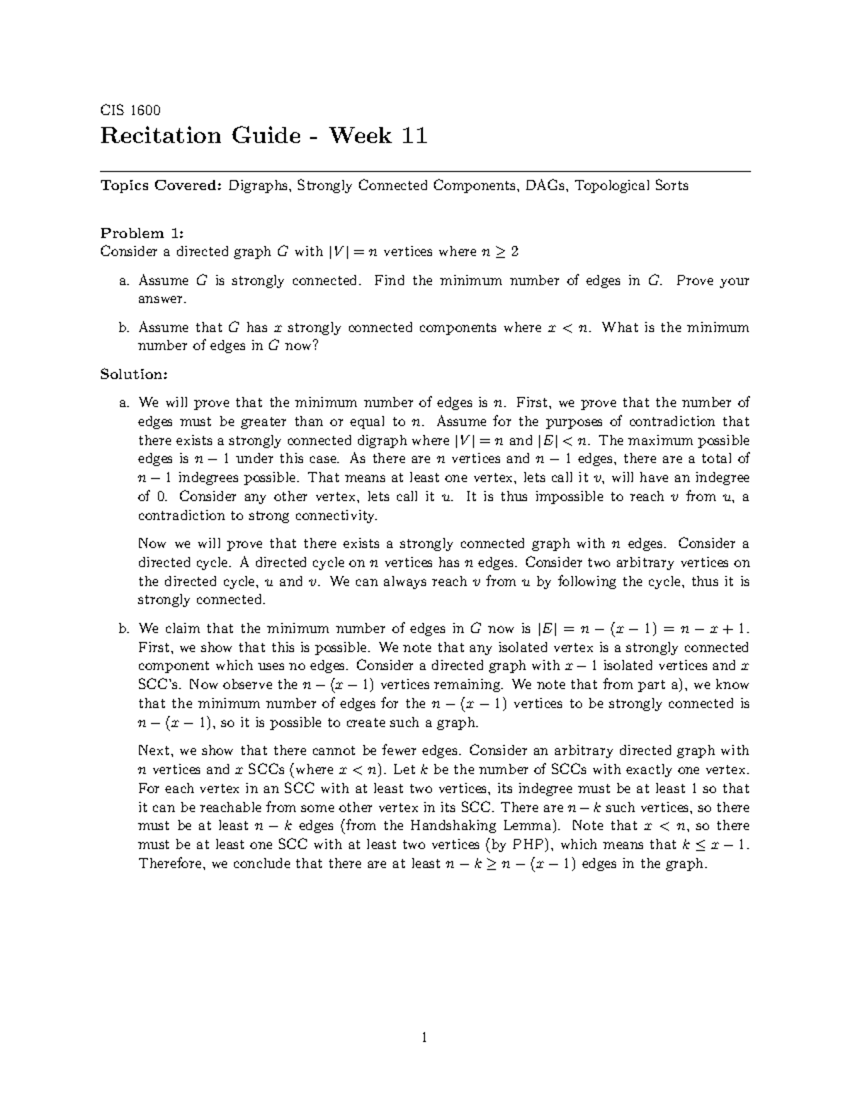R11 solutions - CIS 1600 Recitation Guide - Week 11 Topics Covered: Digraphs, Strongly Connected ...