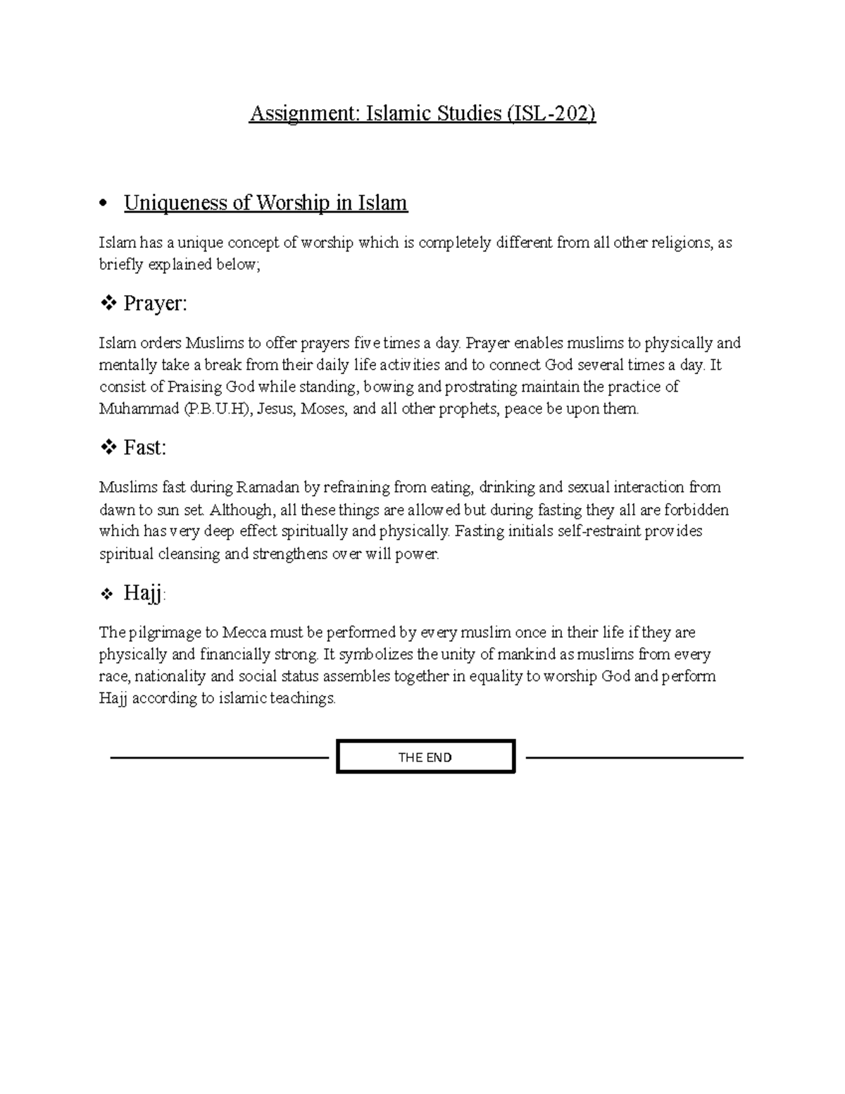 Islamiyat - Assignment: Islamic Studies (ISL-202) Uniqueness of Worship ...