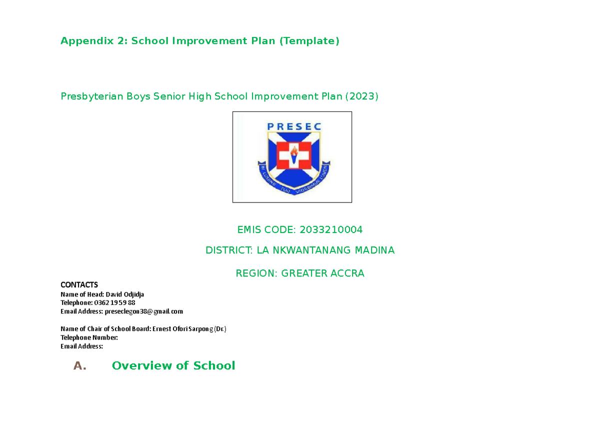 14-12-22 Presec- Legon, School Improvement PLAN 2023 - Appendix 2 ...