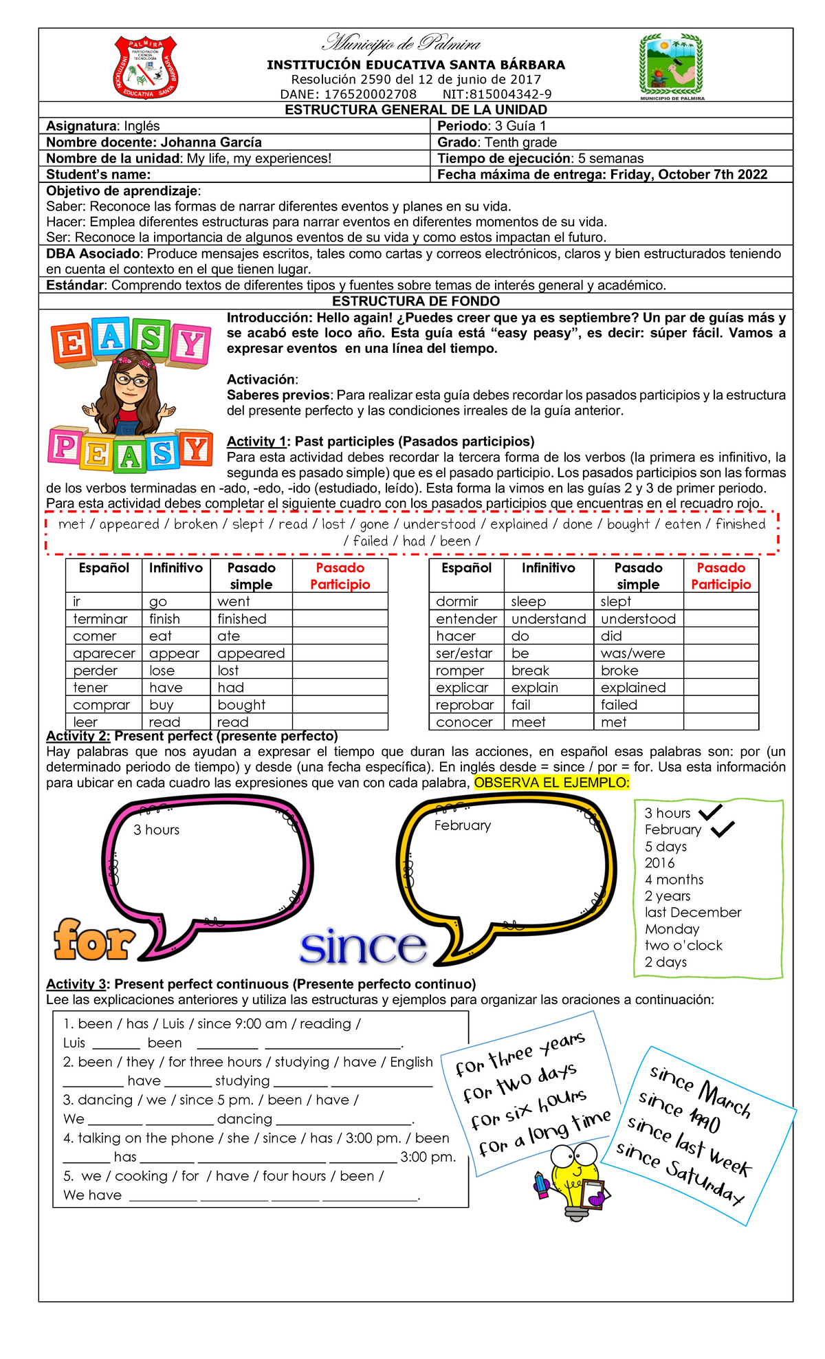 Guía de inglés para repasar - ####### Municipio de Palmira INSTITUCIÓN EDUCATIVA SANTA BÁRBARA ...