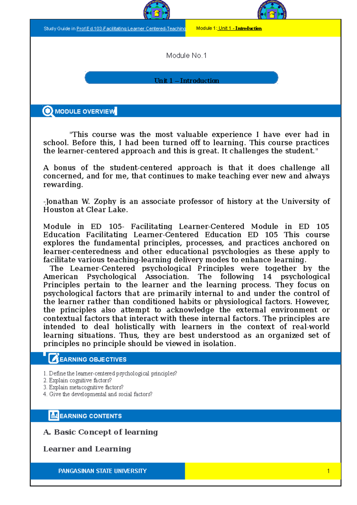 Module 1 faci - Facilitated Student-Centered Teaching - Module No. Unit ...