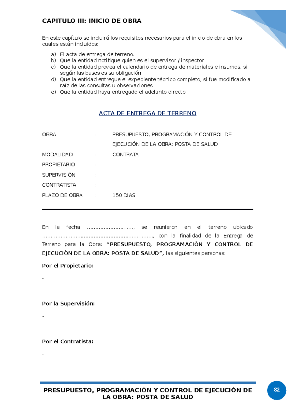 Inicio DE OBRA - En este capítulo se incluirá los requisitos necesarios ...