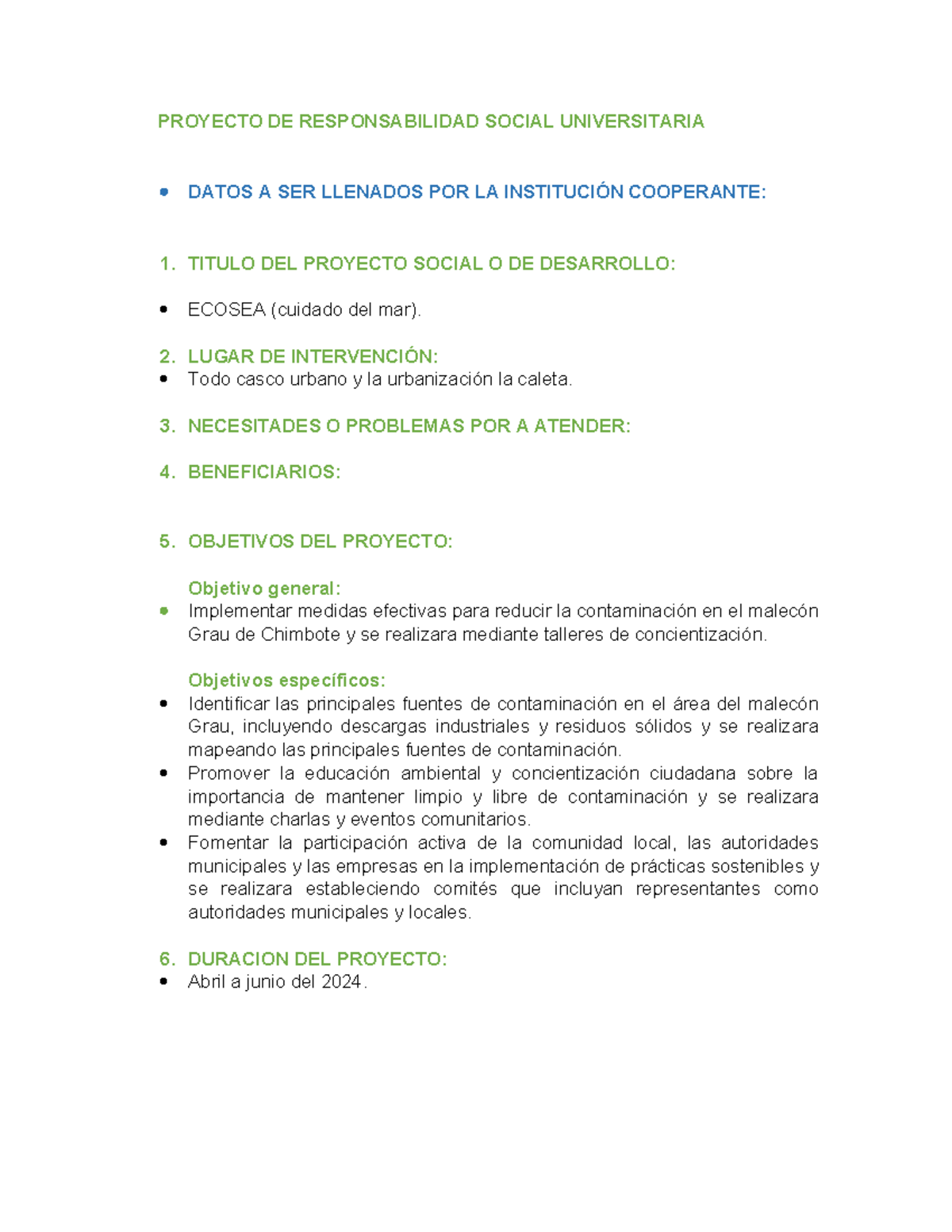 Proyecto DE Responsabilidad Social Universitaria - PROYECTO DE RESPONSABILIDAD SOCIAL ...