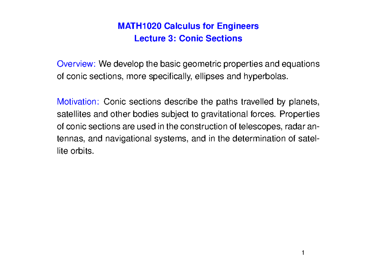 Lecture 3 - Conic Sections - MATH1020 Calculus for Engineers Lecture 3 ...