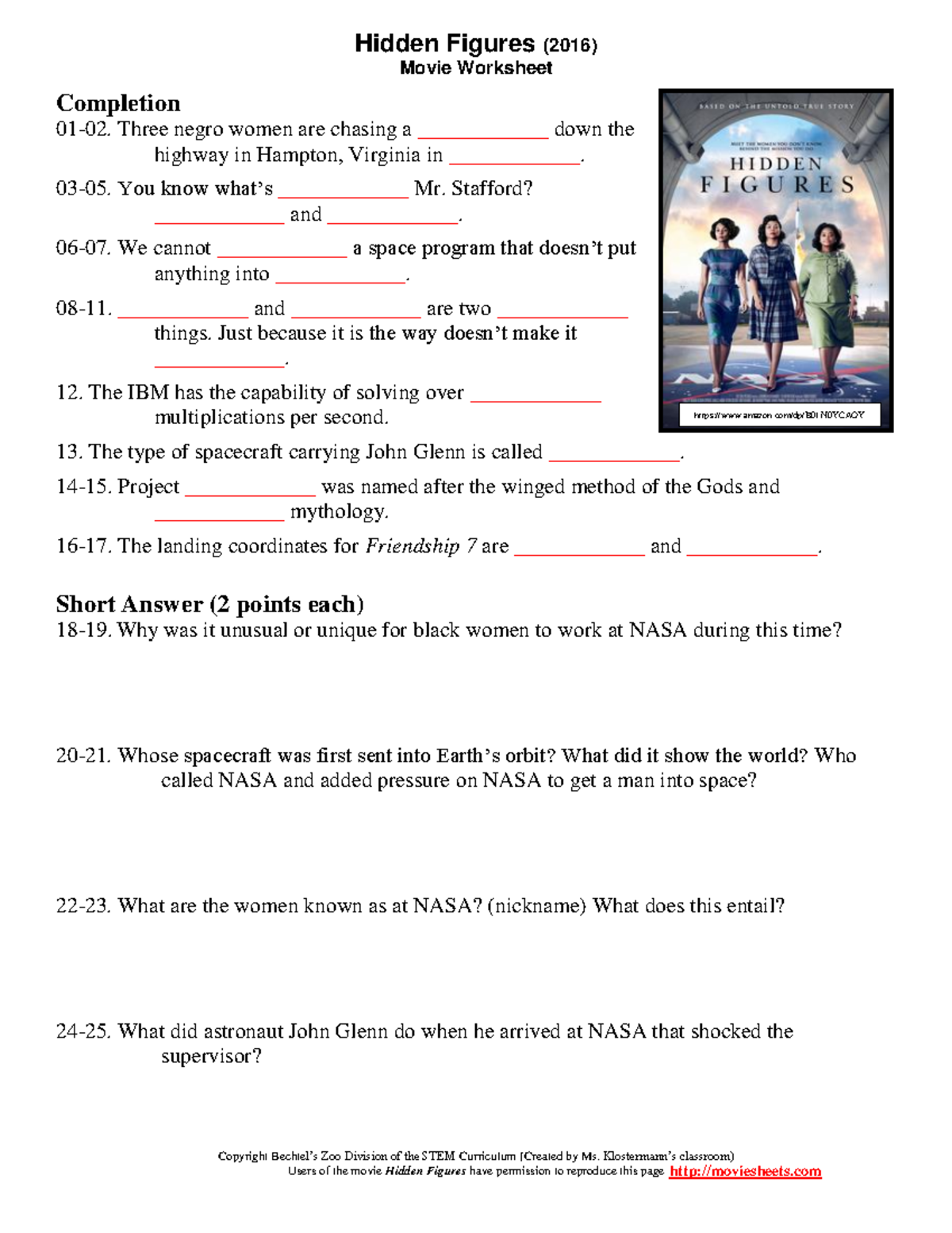 Hidden Figures Movie Sheet - Hidden Figures (2016) Movie Worksheet ...