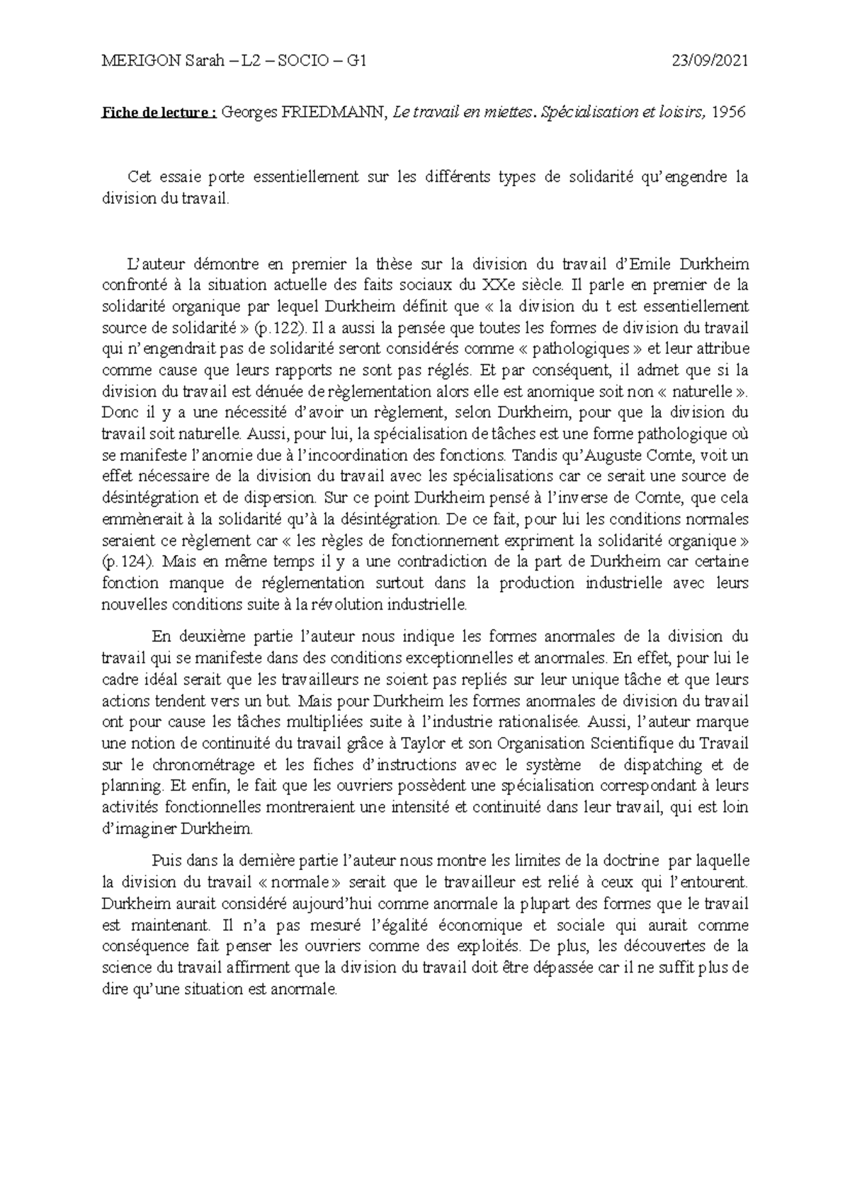 Georges FRIEDMANN, "Le travail en miettes", Spécialisation et loisirs ...