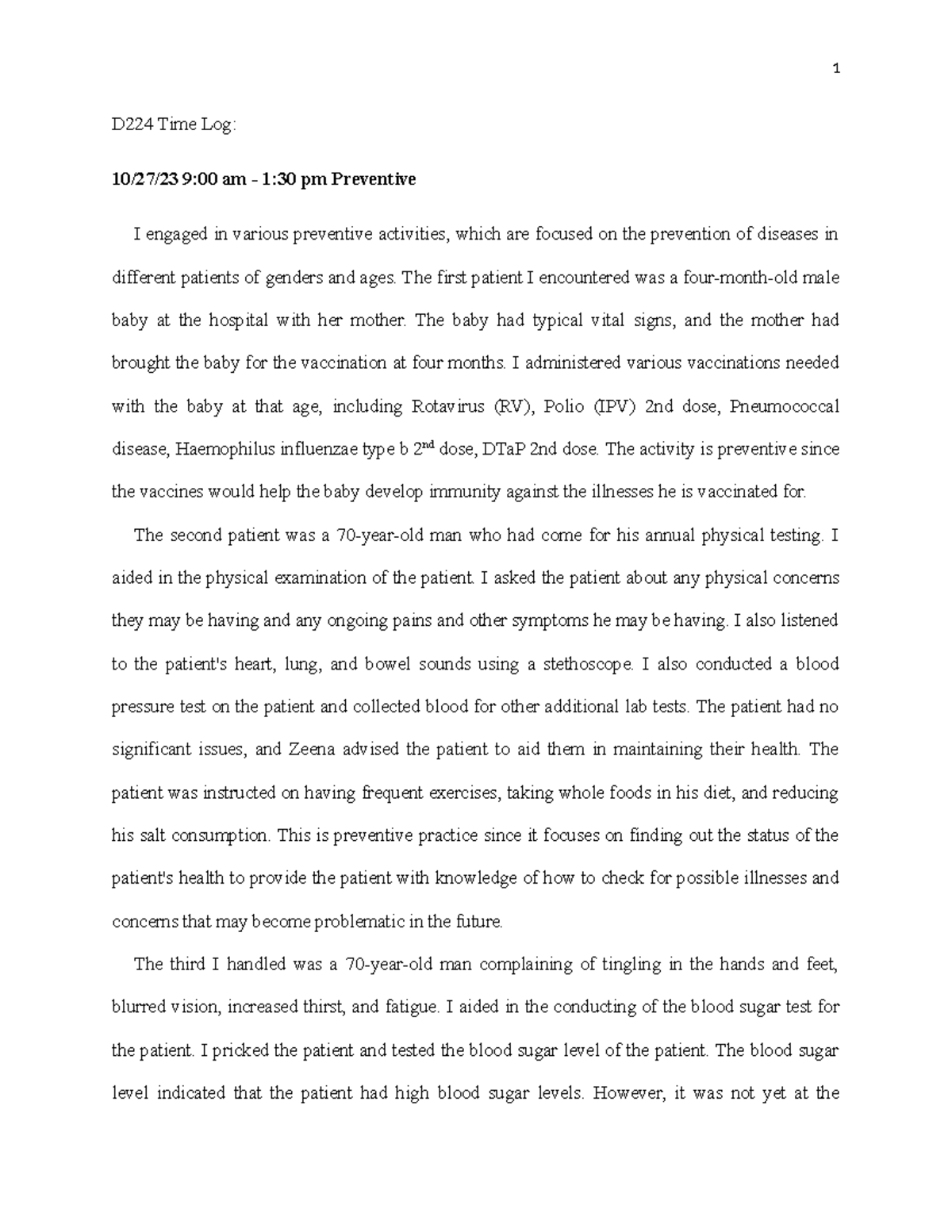 D224 - 1 time log - time log - D224 Time Log: 10/27/23 9:00 am - 1:30 ...