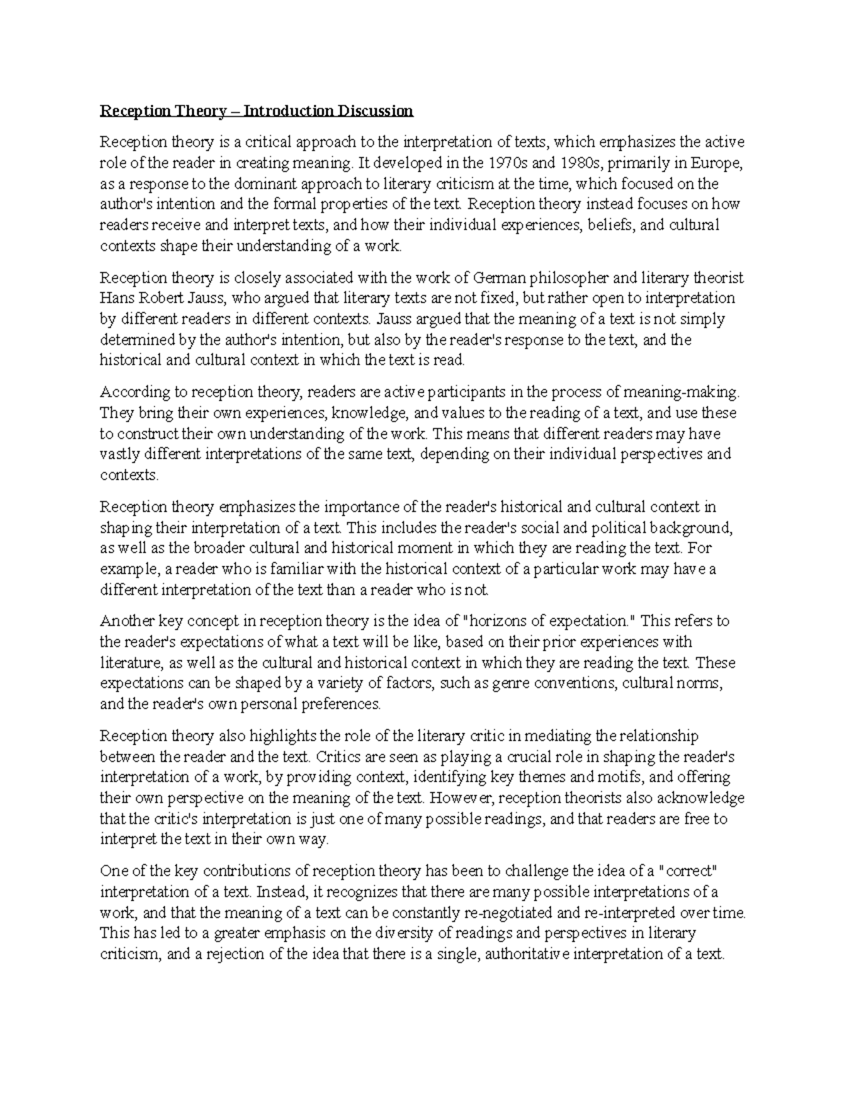 Reception Theory – Introduction Discussion - Reception Theory ...