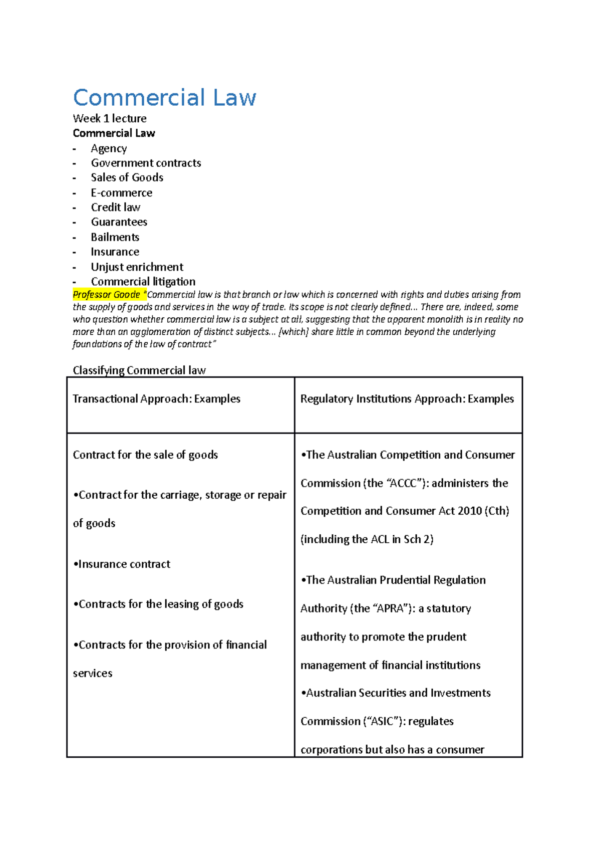 Commercial Law notes - Commercial Law Week 1 lecture Commercial Law ...