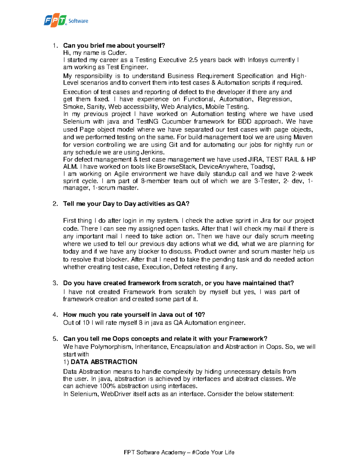 Automation-Test Interview-QA FPT-Software-Academy - Can you brief me ...