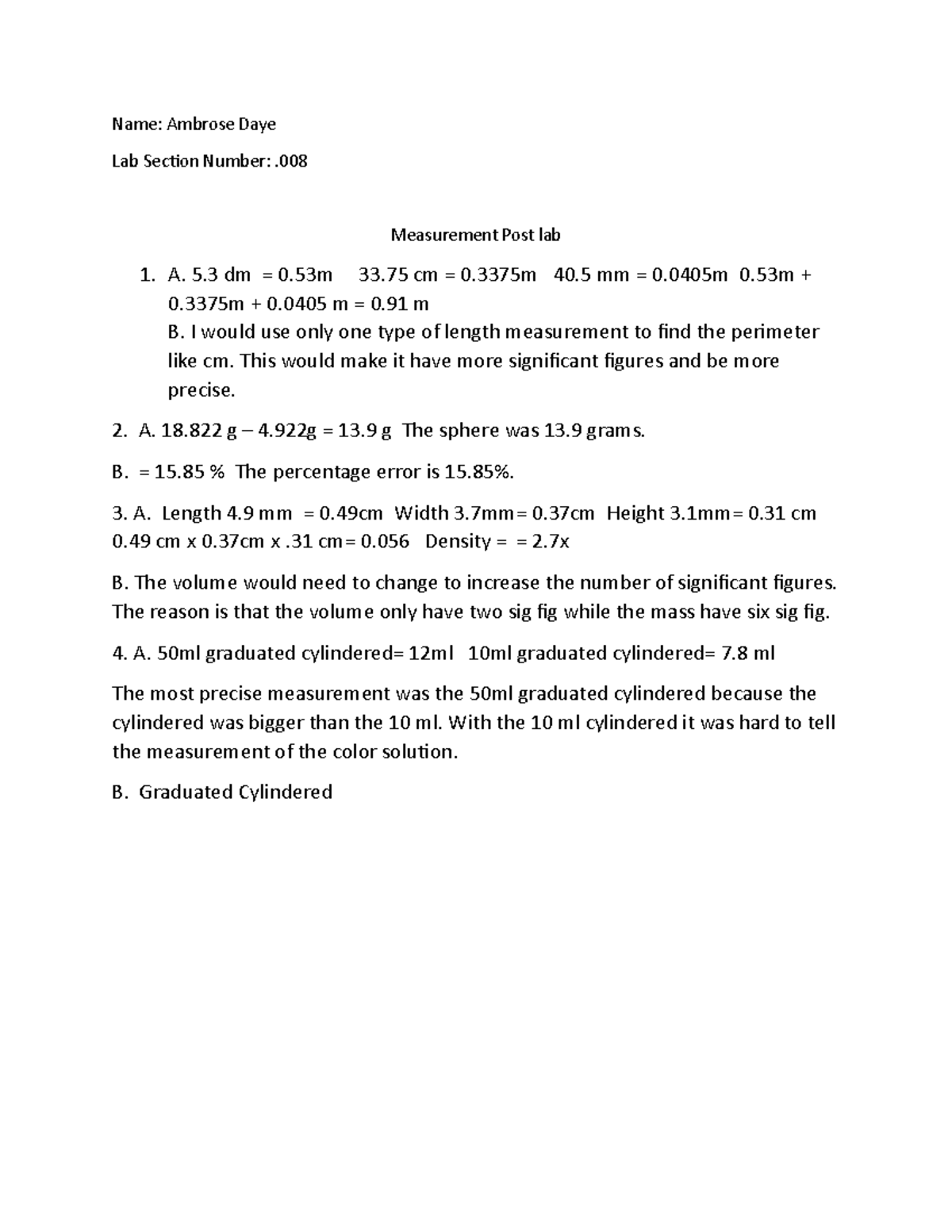 Mesurement Post lab - Lab Report - Name: Ambrose Daye Lab Section ...