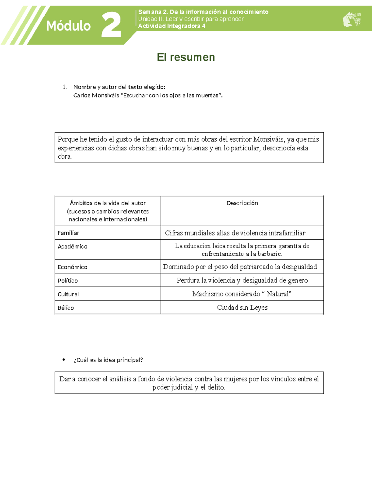 M0DULO 2 SEMANA2 - Semana 2. De la información al conocimiento Unidad II. Leer y escribir para ...