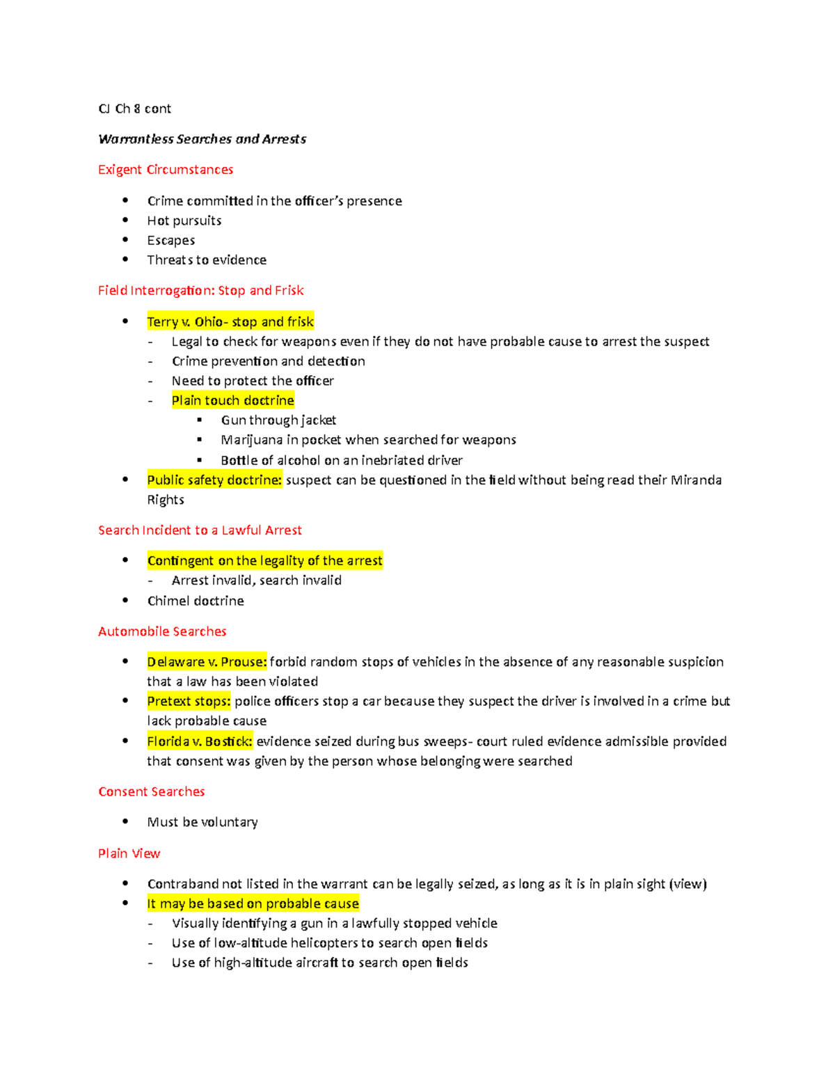 CJ Notes Ch. 8 Pt 2 - roth - CJ Ch 8 cont Warrantless Searches and ...