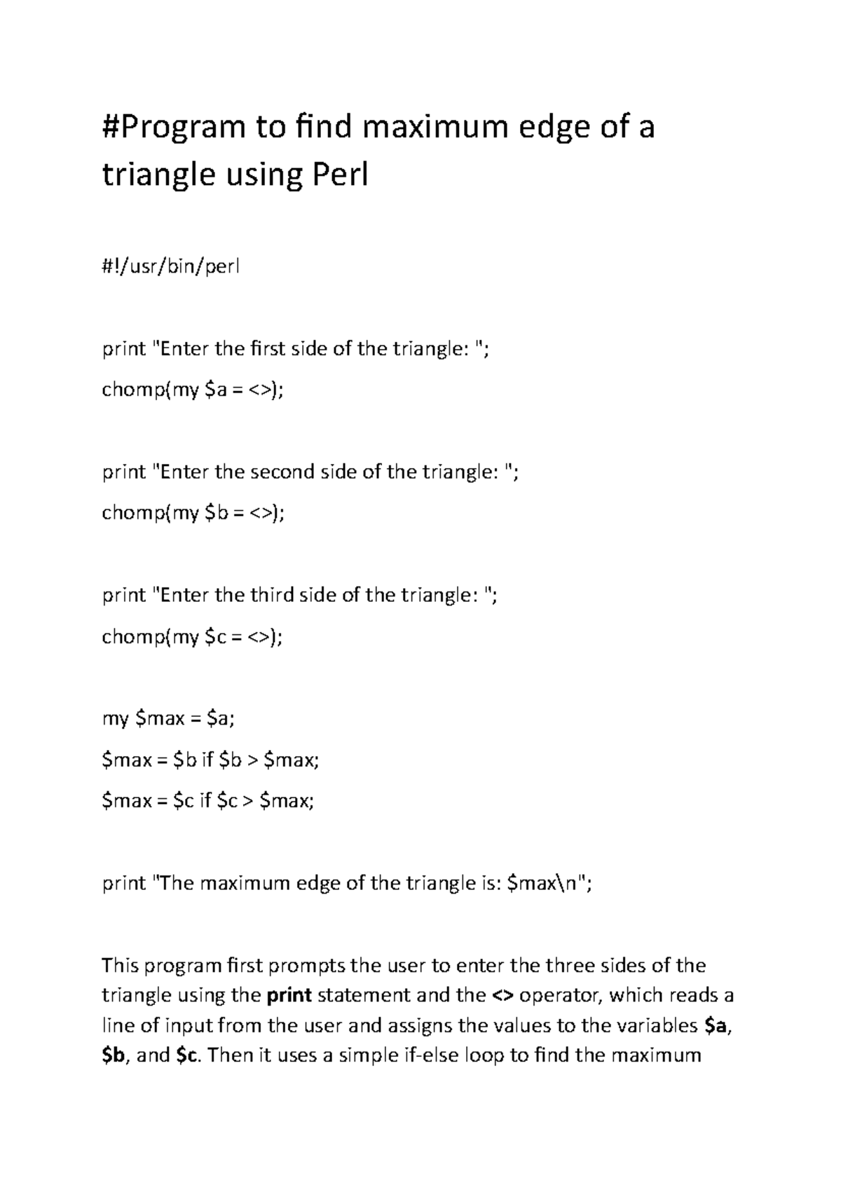 Maximum edge of a triangle -Perl - #Program to find maximum edge of a triangle using Perl - Studocu