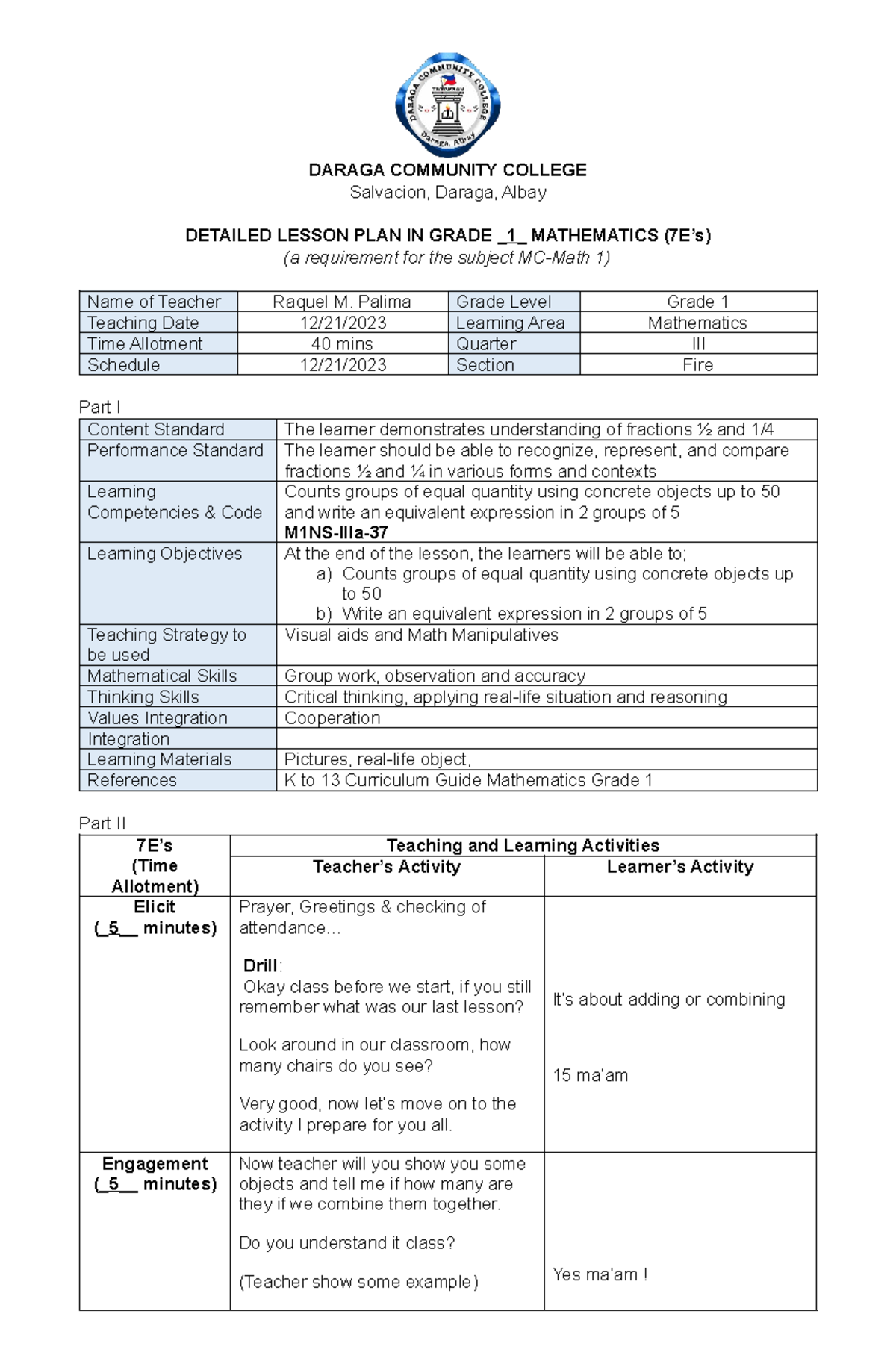 LP Format in Grade 1 Math - DARAGA COMMUNITY COLLEGE Salvacion, Daraga ...