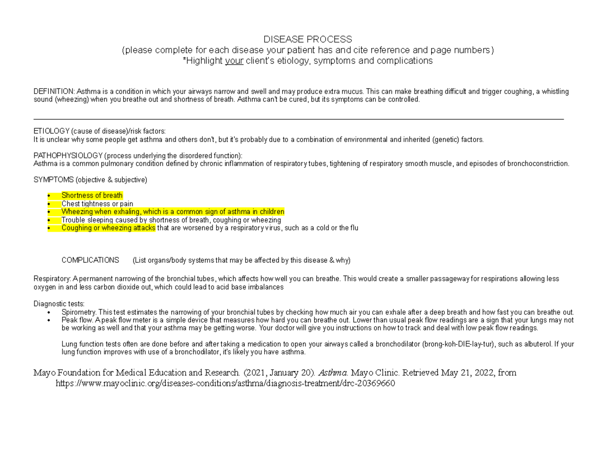 Disease Process Asthma - DISEASE PROCESS (please complete for each ...