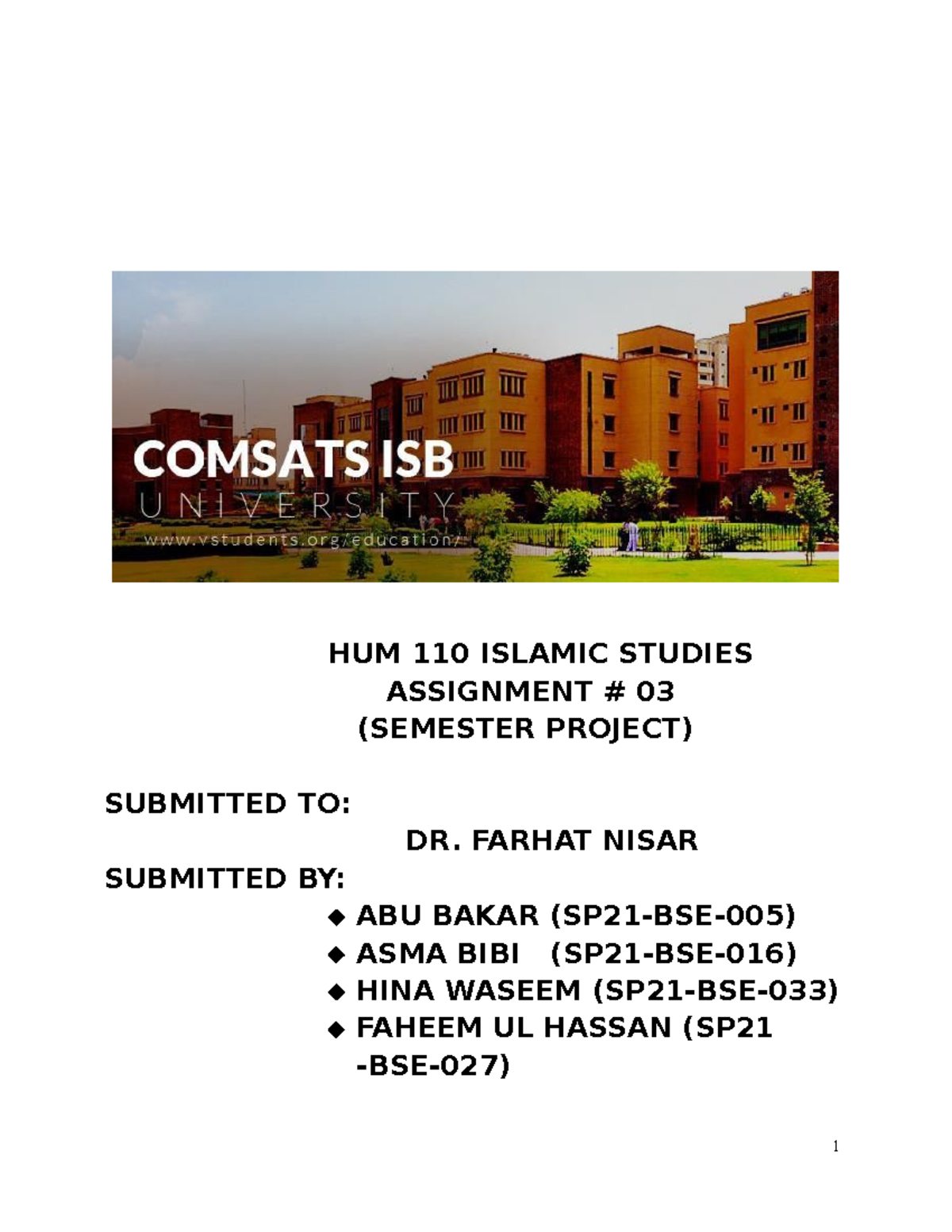 Islamiat assignment#3 ( Project) - HUM 110 ISLAMIC STUDIES ASSIGNMENT ...