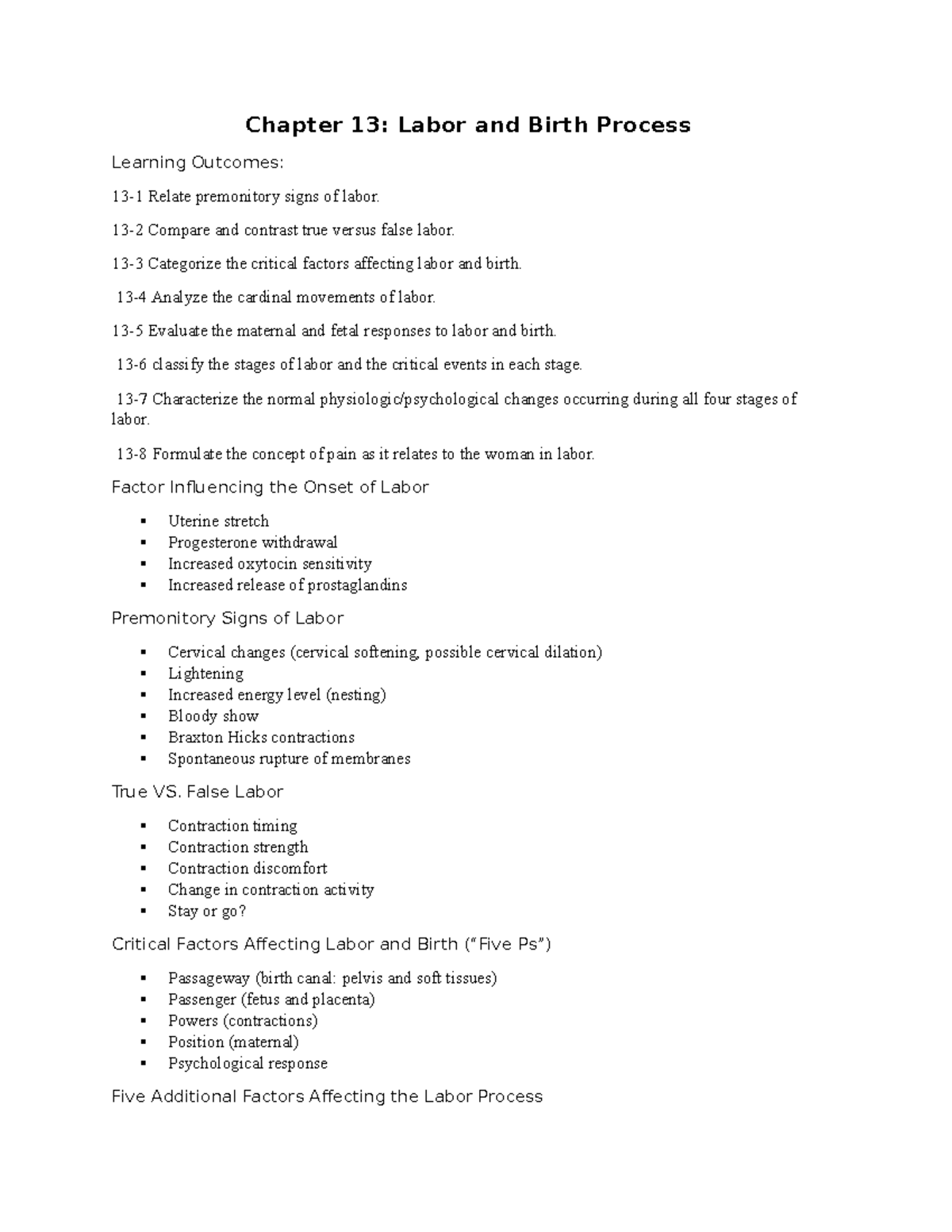 Chapter 13 - nurs 247 lecture notes - Chapter 13: Labor and Birth ...