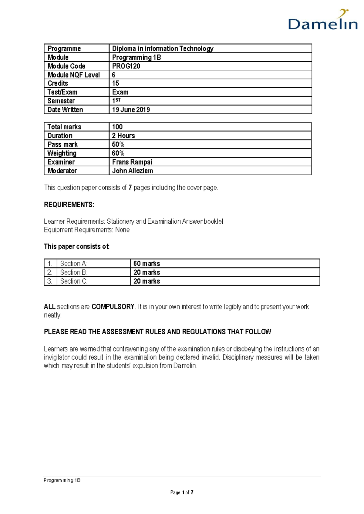 Programming 1B Exam QA - Programming 1B Programme Diploma in information Technology Module - Studocu
