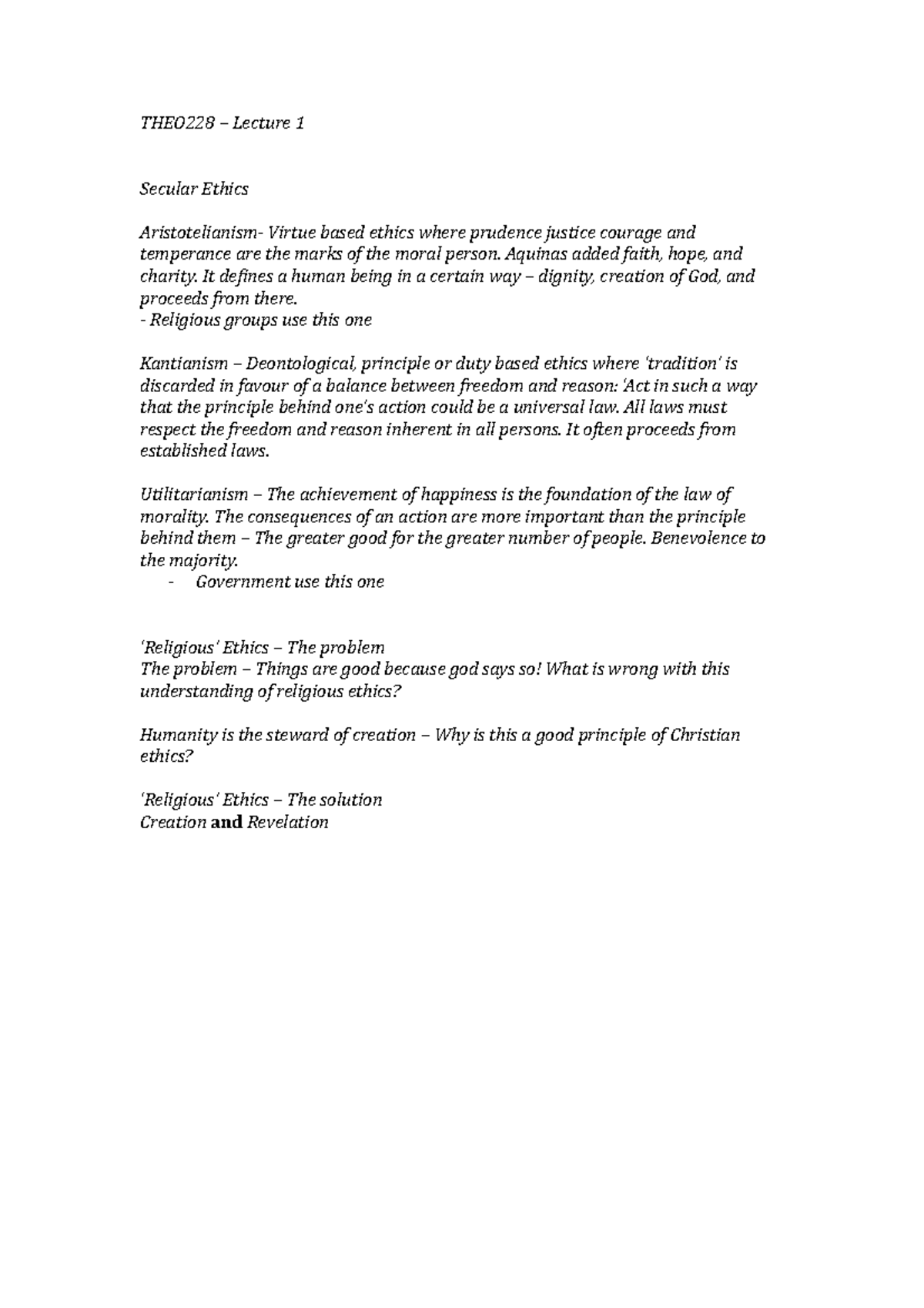 THEO228 – Lecture 1 - THEO228 – Lecture 1 Secular Ethics ...