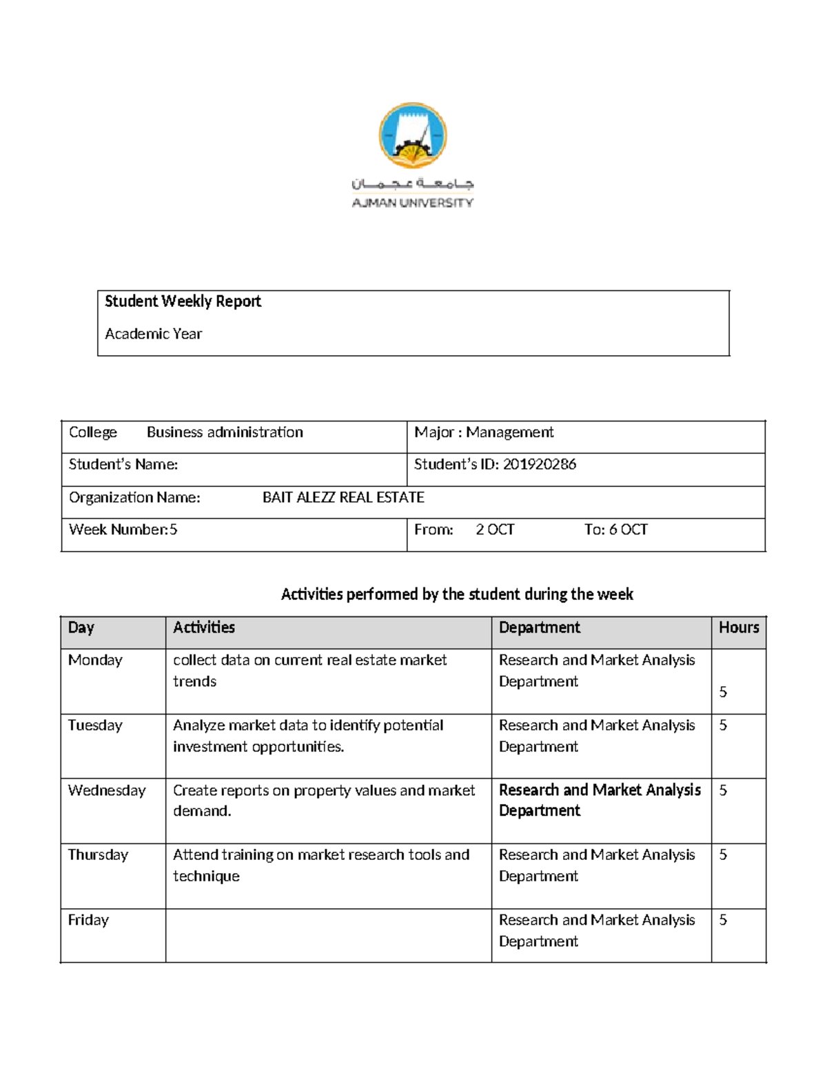 Week 6 - Student Weekly Report Academic Year College Business ...