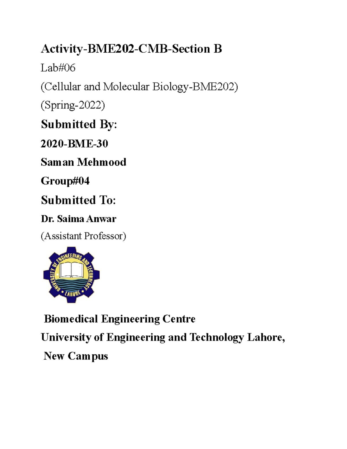 Activity - practice for combinations - Activity-BME202-CMB-Section B Lab# (Cellular and ...