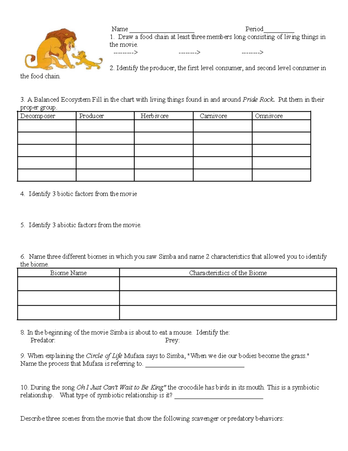 Lion King - Watch Lion King with this worksheet. - Name ...