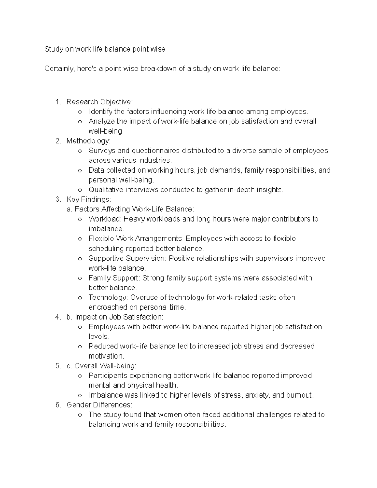 Study on work life balance point wise - Study on work life balance ...