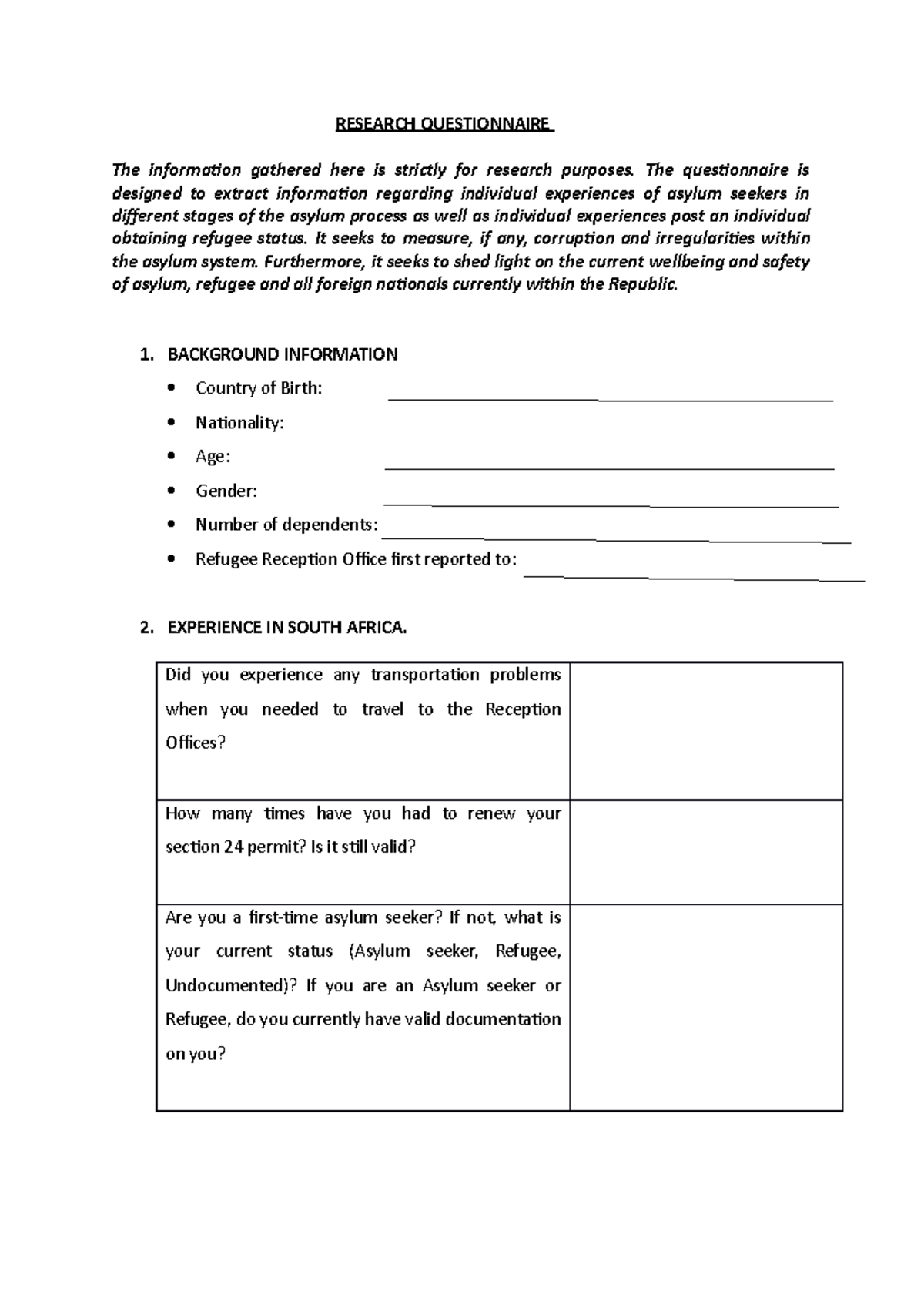 Questionnaire LHR Research Project - RESEARCH QUESTIONNAIRE The ...