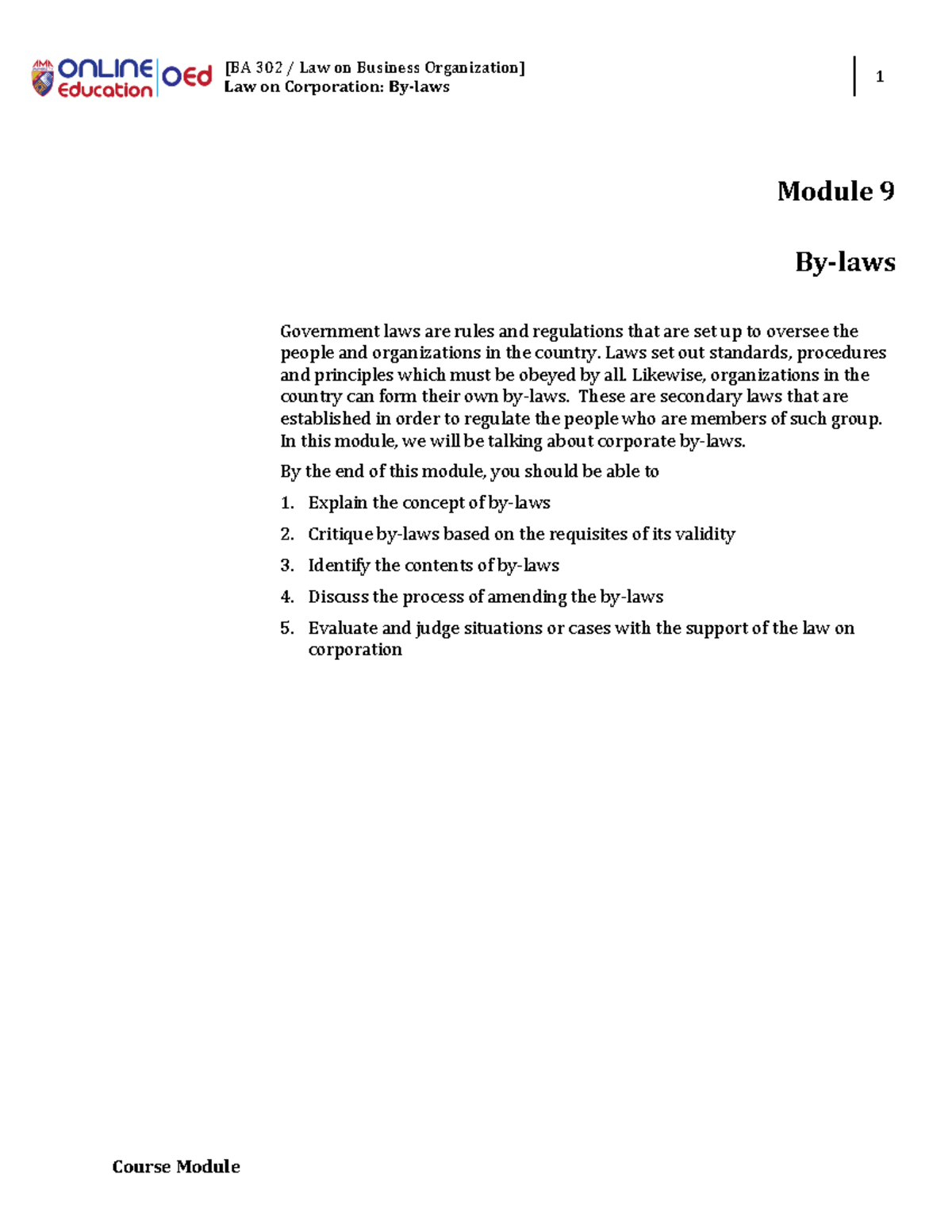Week006-Module 001 - business law - Law on Corporation: By-laws 1 ...