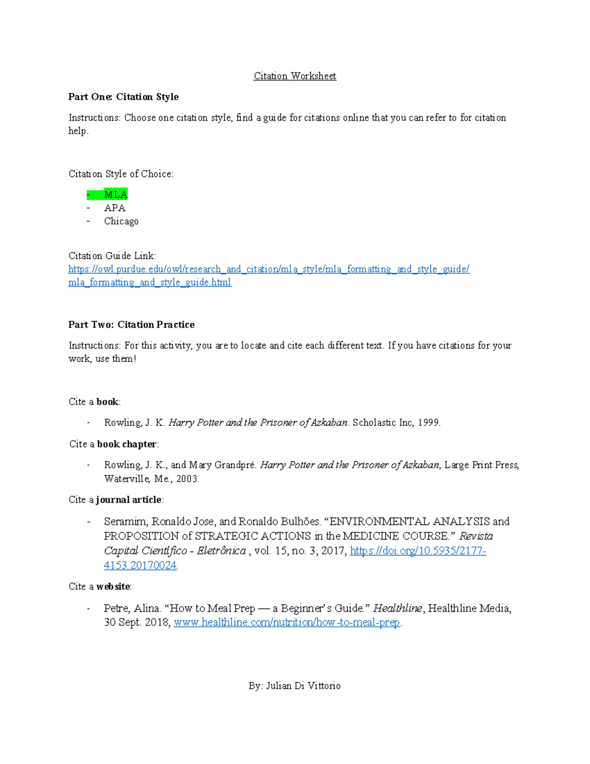 Ciatation Worksheet - Citation Worksheet Part One: Citation Style ...