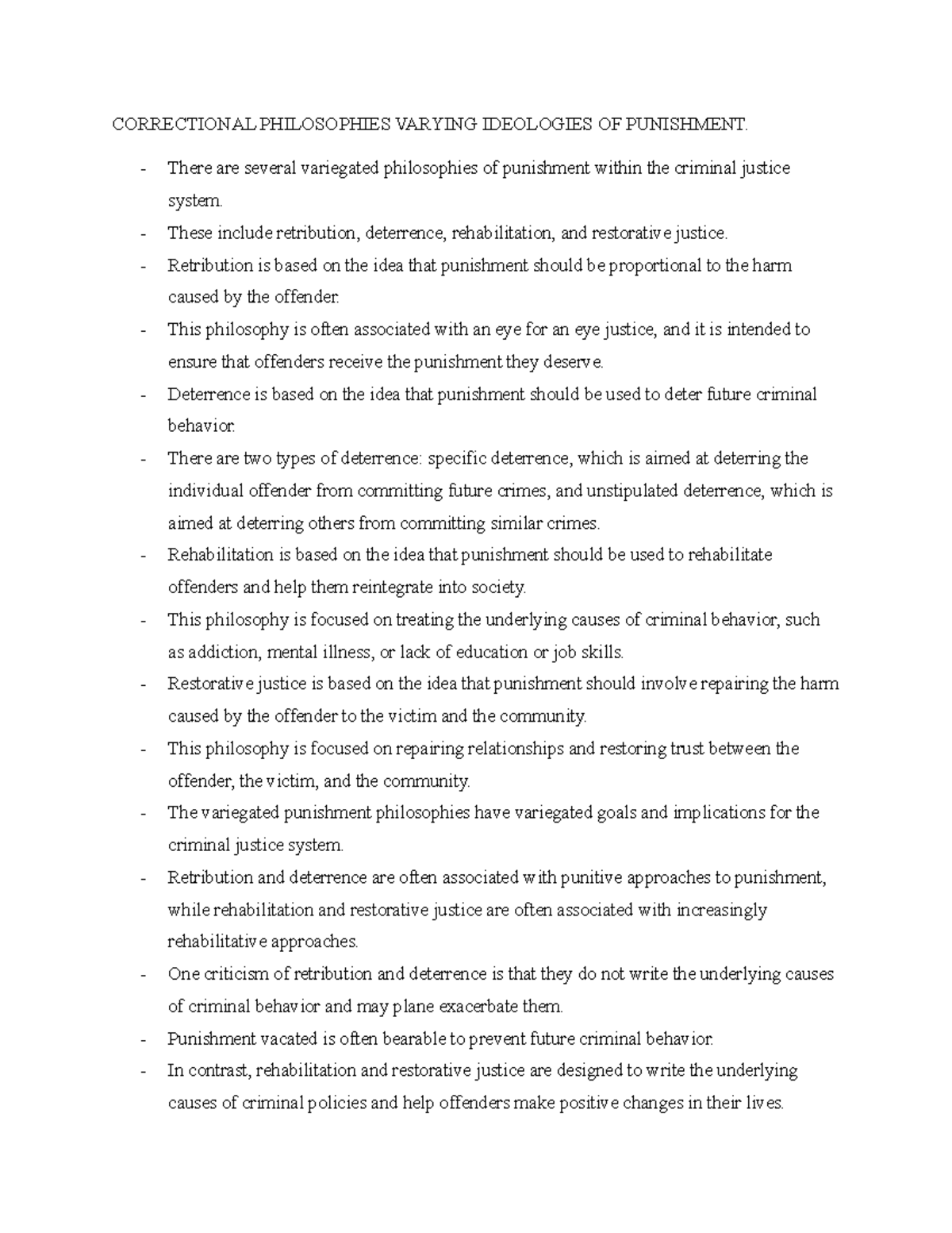 Correctional Philosophies Varying Ideologies OF Punishment Notes 1 ...