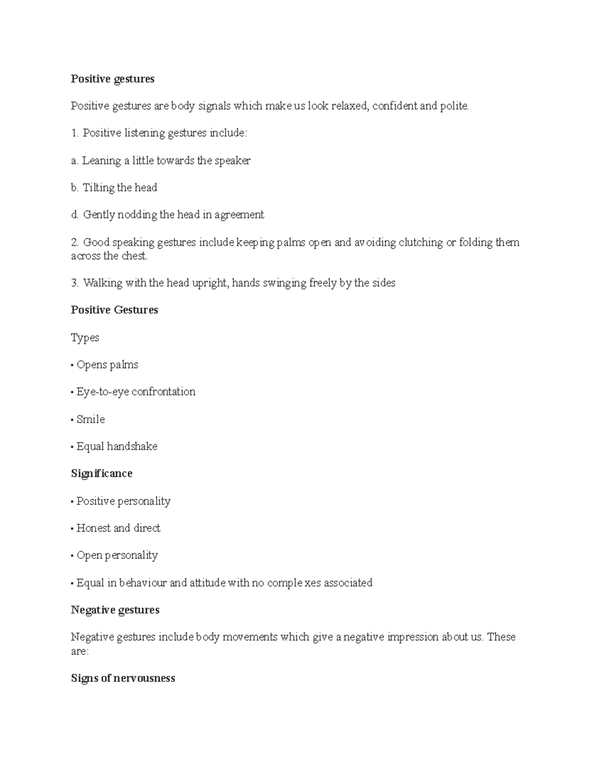 4 - Business Communication Detailed Notes - Positive gestures Positive ...
