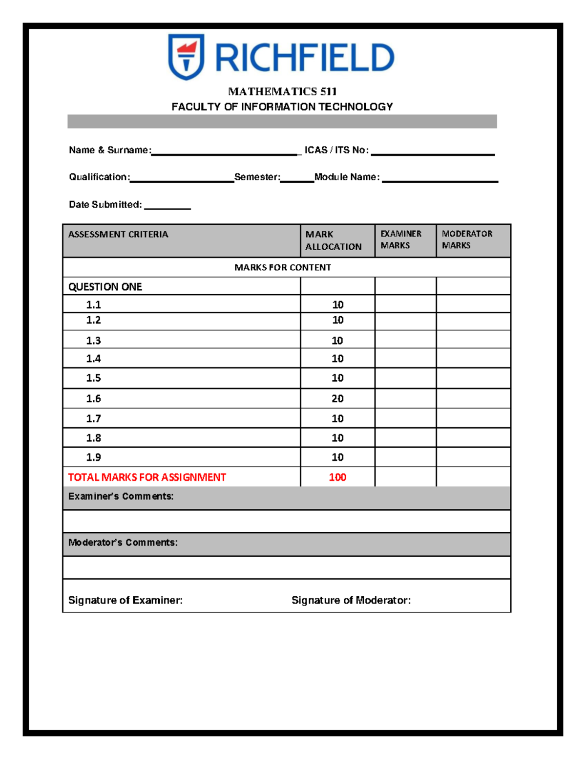 Maths 511 Assignment - Study notes - MATHEMATICS 511 FACULTY OF ...