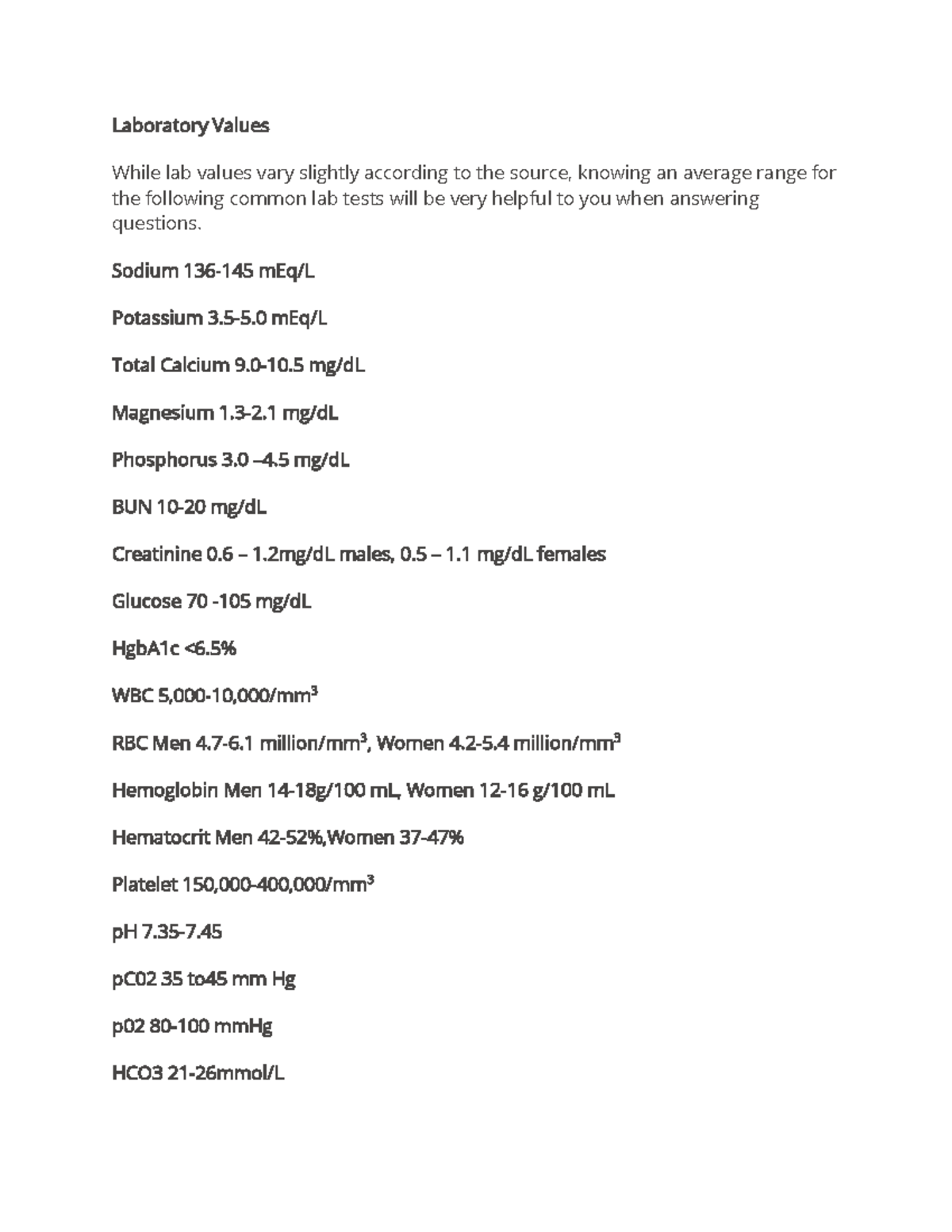 Nursing Fundamentals Notes - Laboratory Values While lab values vary ...