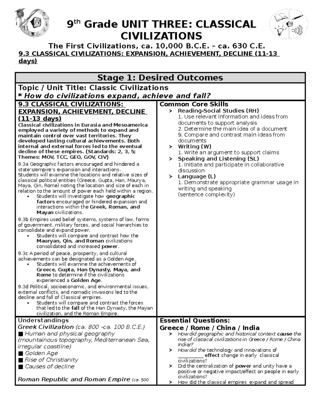 9th-unit 3-classic civ-revised - 9th Grade UNIT THREE: CLASSICAL ...