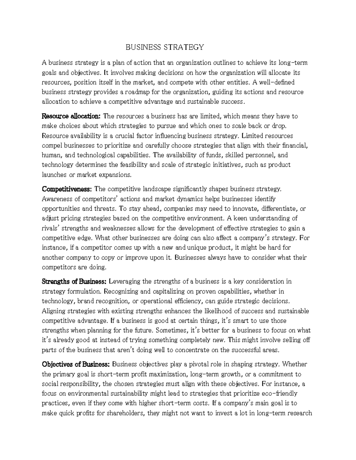 Business Strategy - class notes - BUSINESS STRATEGY A business strategy ...